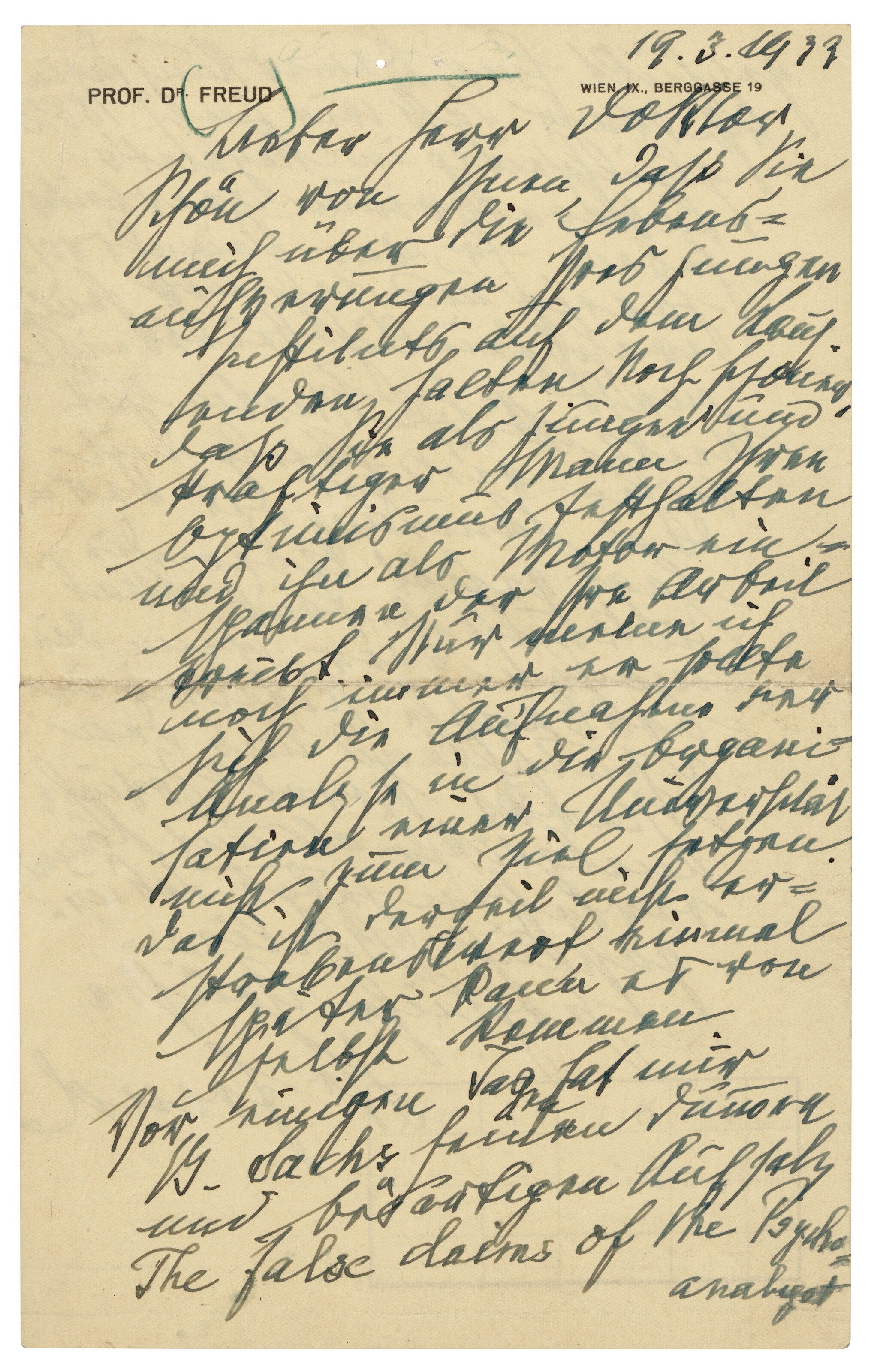 Sigmund Freud (1856-1939), Autograph letter signed ('Freud') to [Dr ...