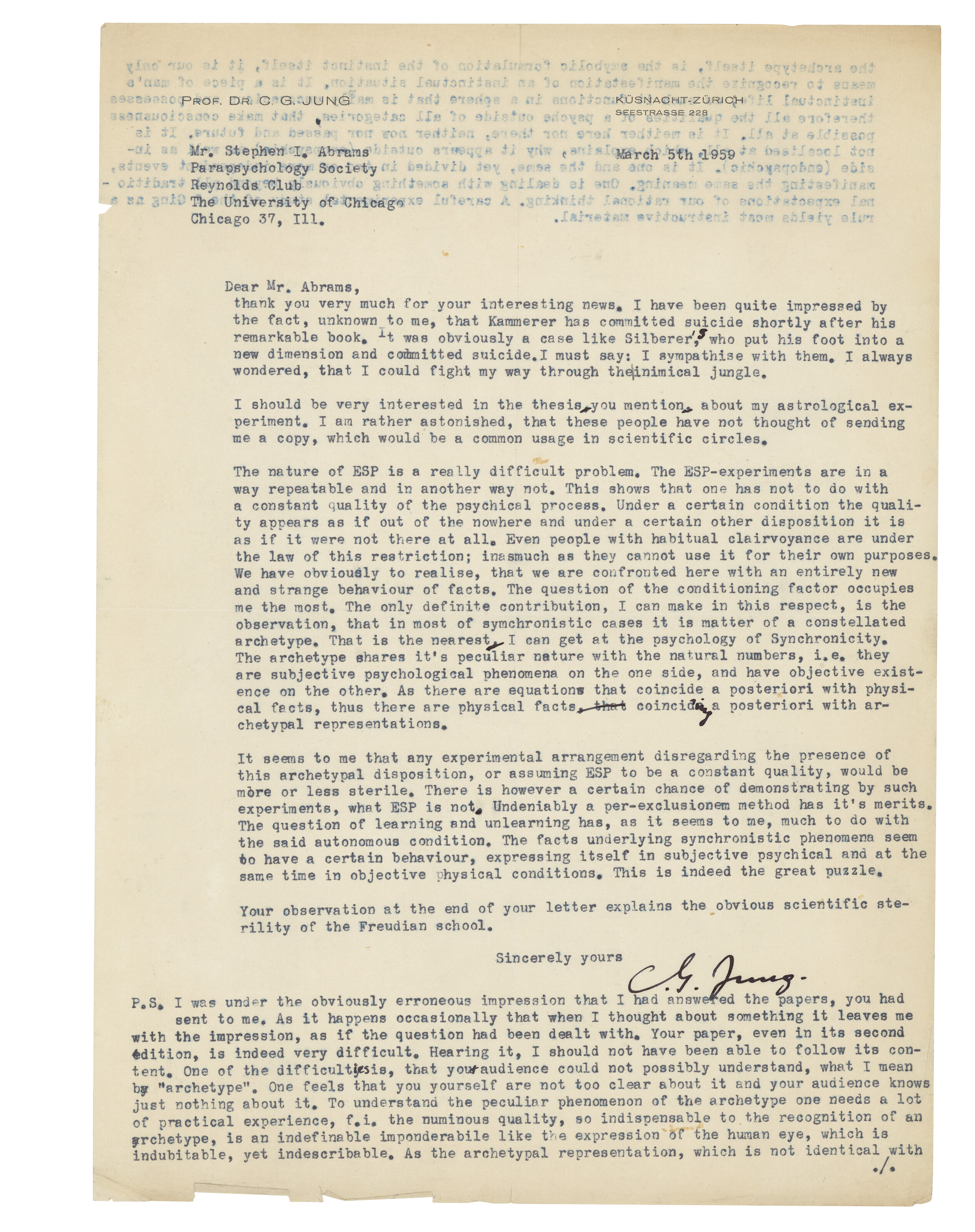 Carl Jung (1875-1961), Typed letter signed (‘C.G. Jung’) to Stephen ...