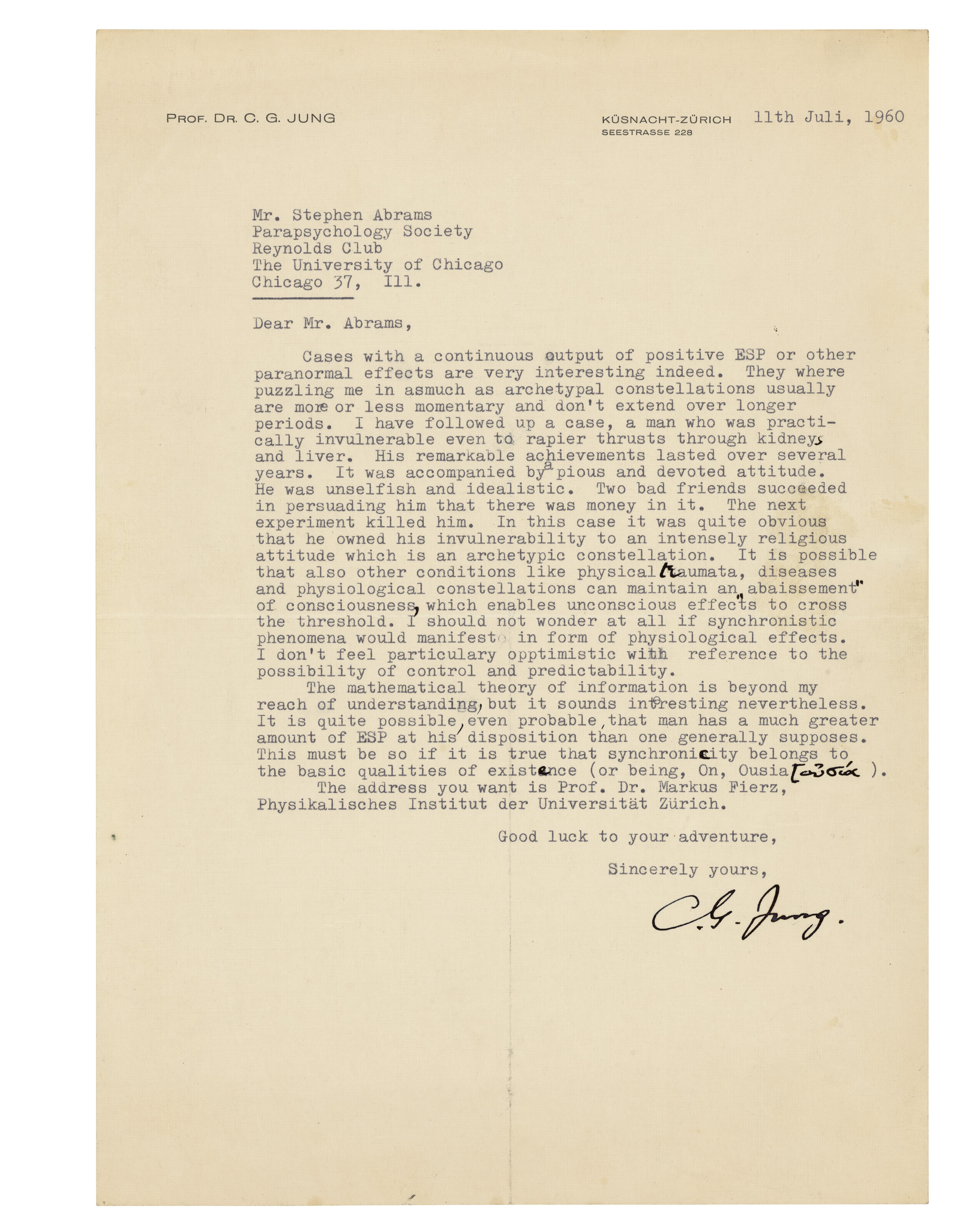 Carl Jung (1875-1961), Typed letter signed (‘C.G. Jung’) to Stephen ...