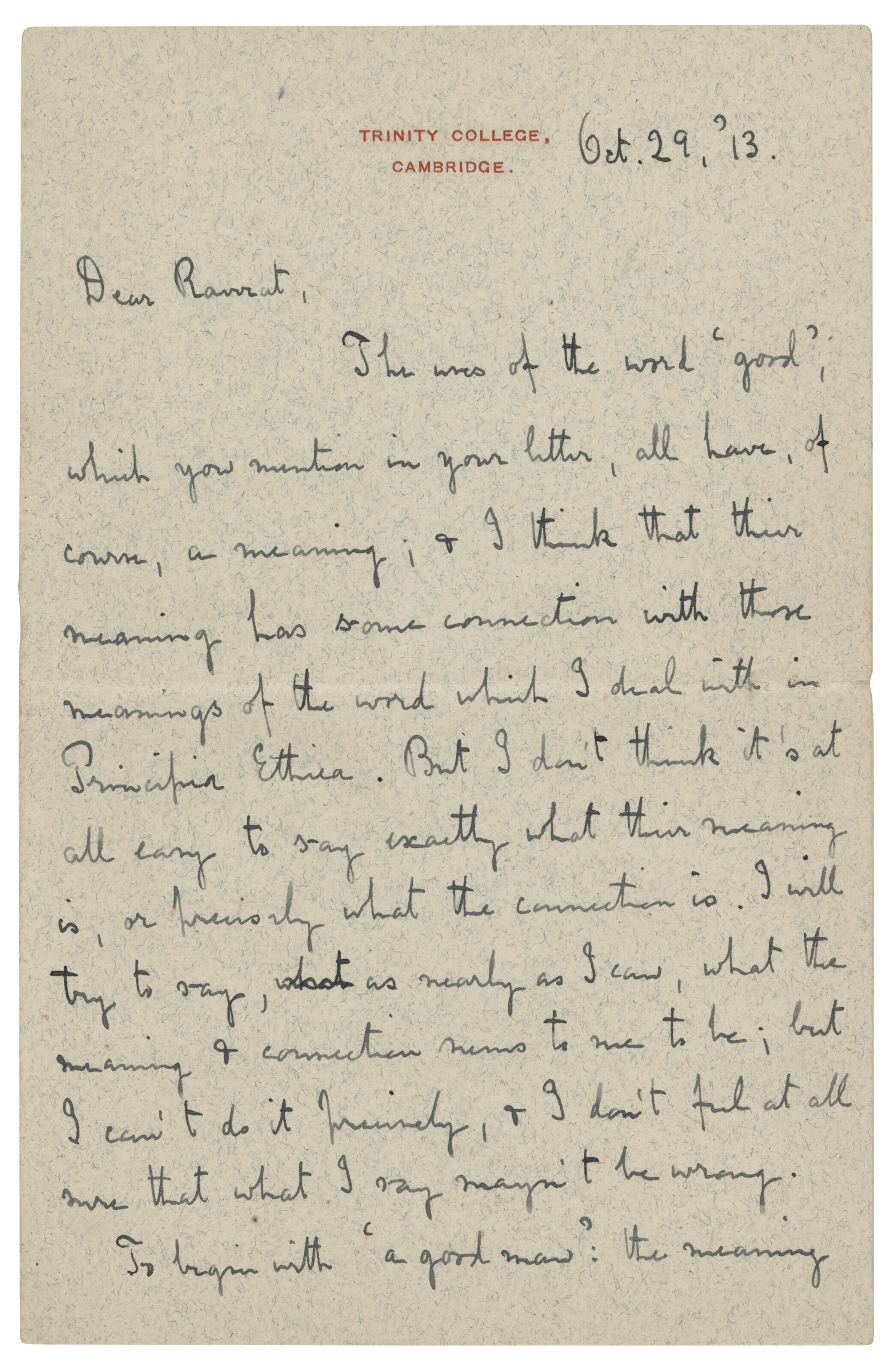 George Edward Moore (1873-1958), Autograph letter signed (‘G. E .Moore ...