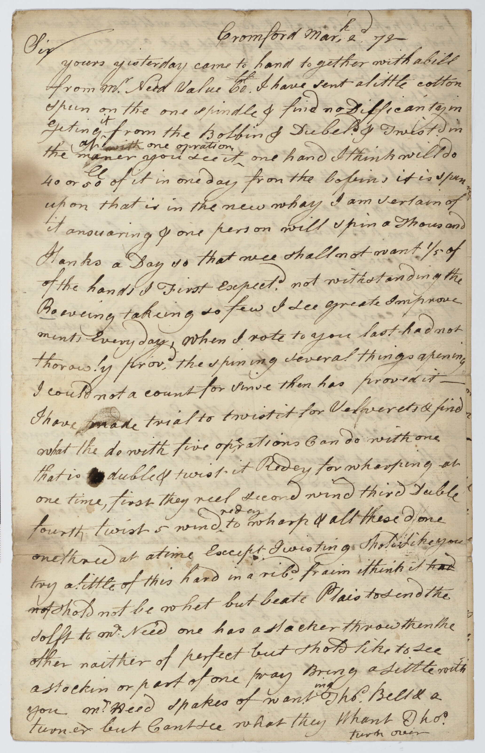 Richard Arkwright (1732-1792), Autograph letter signed ('R. Arkwright ...