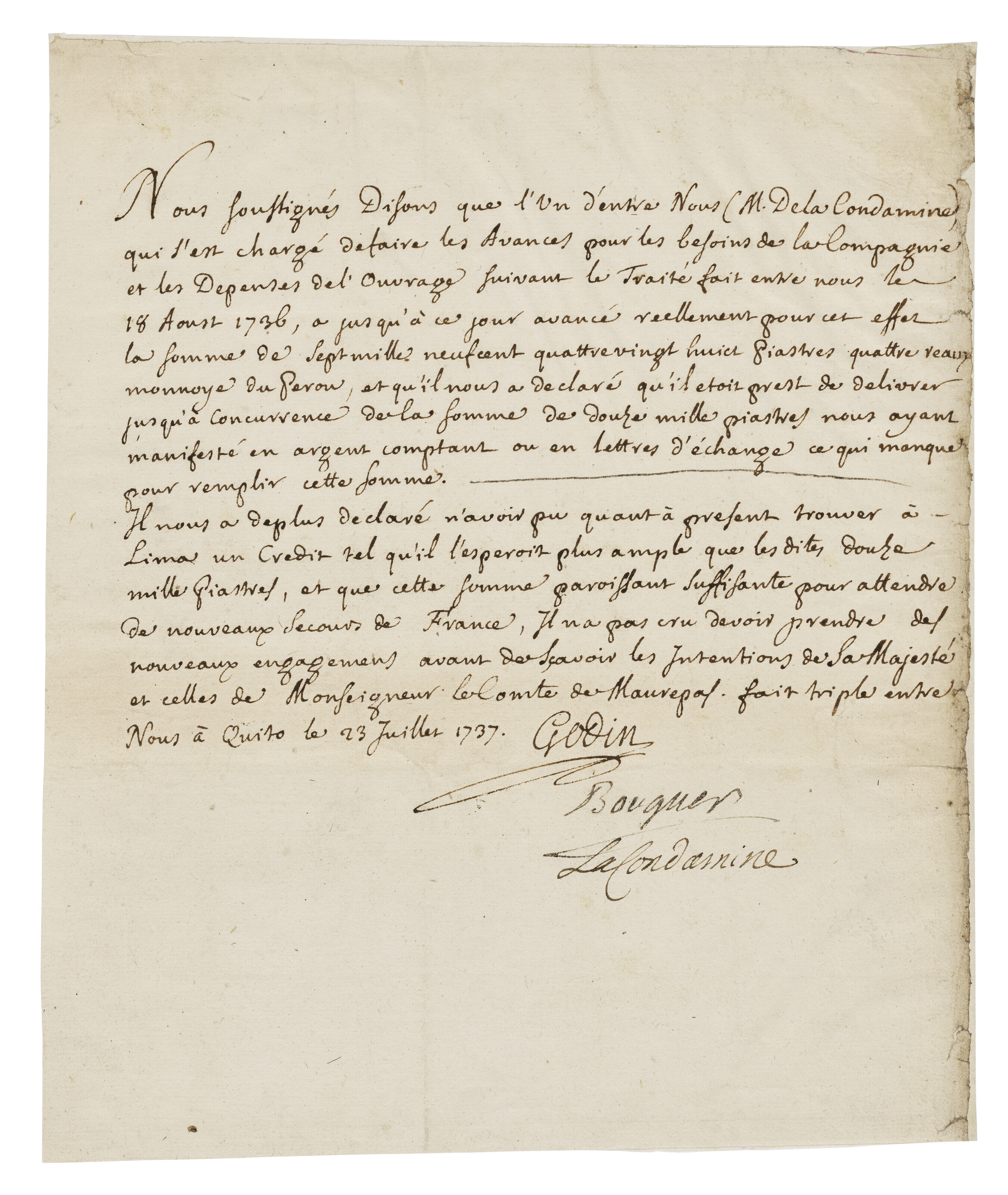 Louis Godin (1704-1760), Autograph document signed (‘Godin'), Quito, 23 ...