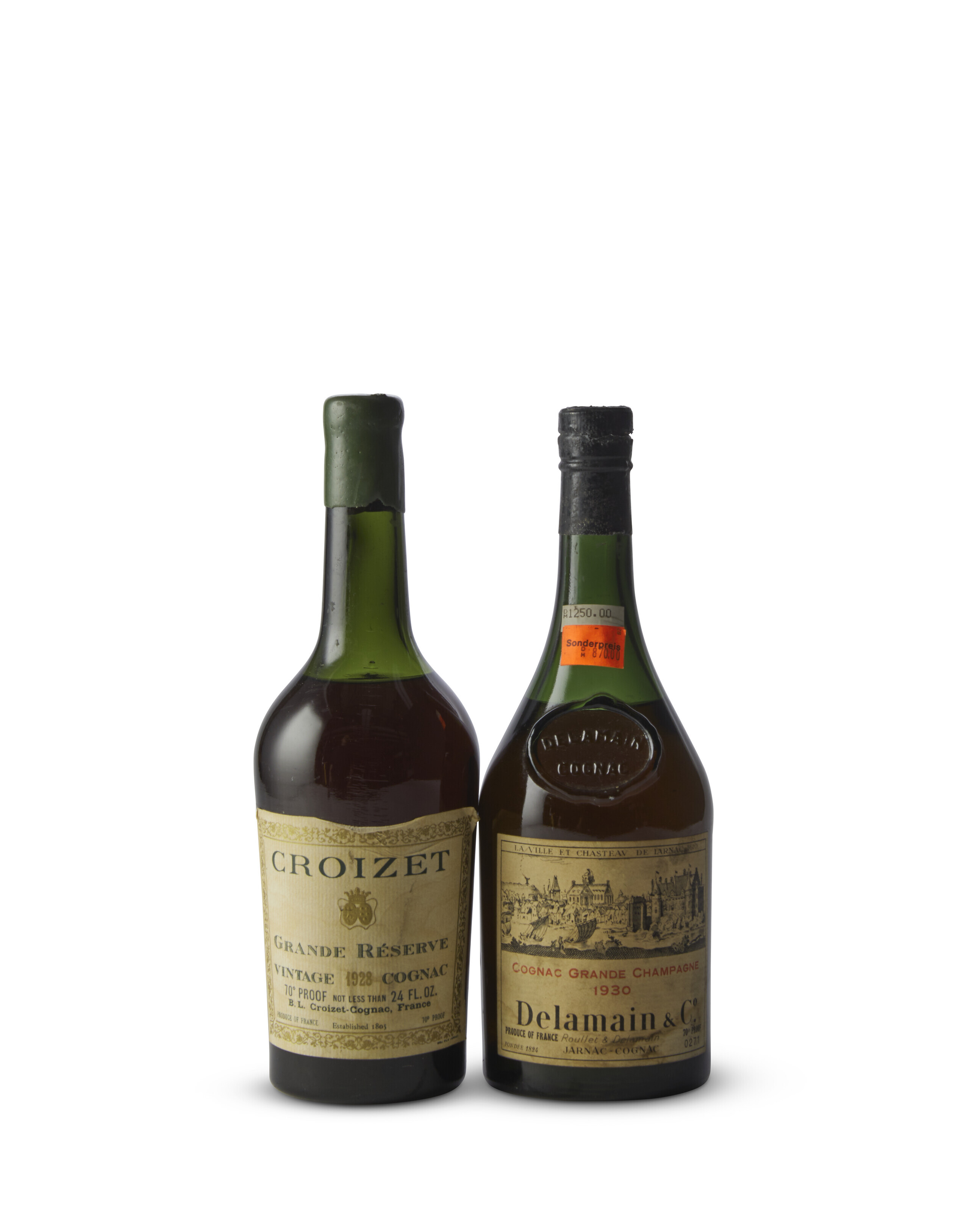 Mixed Cognac 1928-1930, Cognac 1928Wax capsule. Bin-soiled and slightly ...