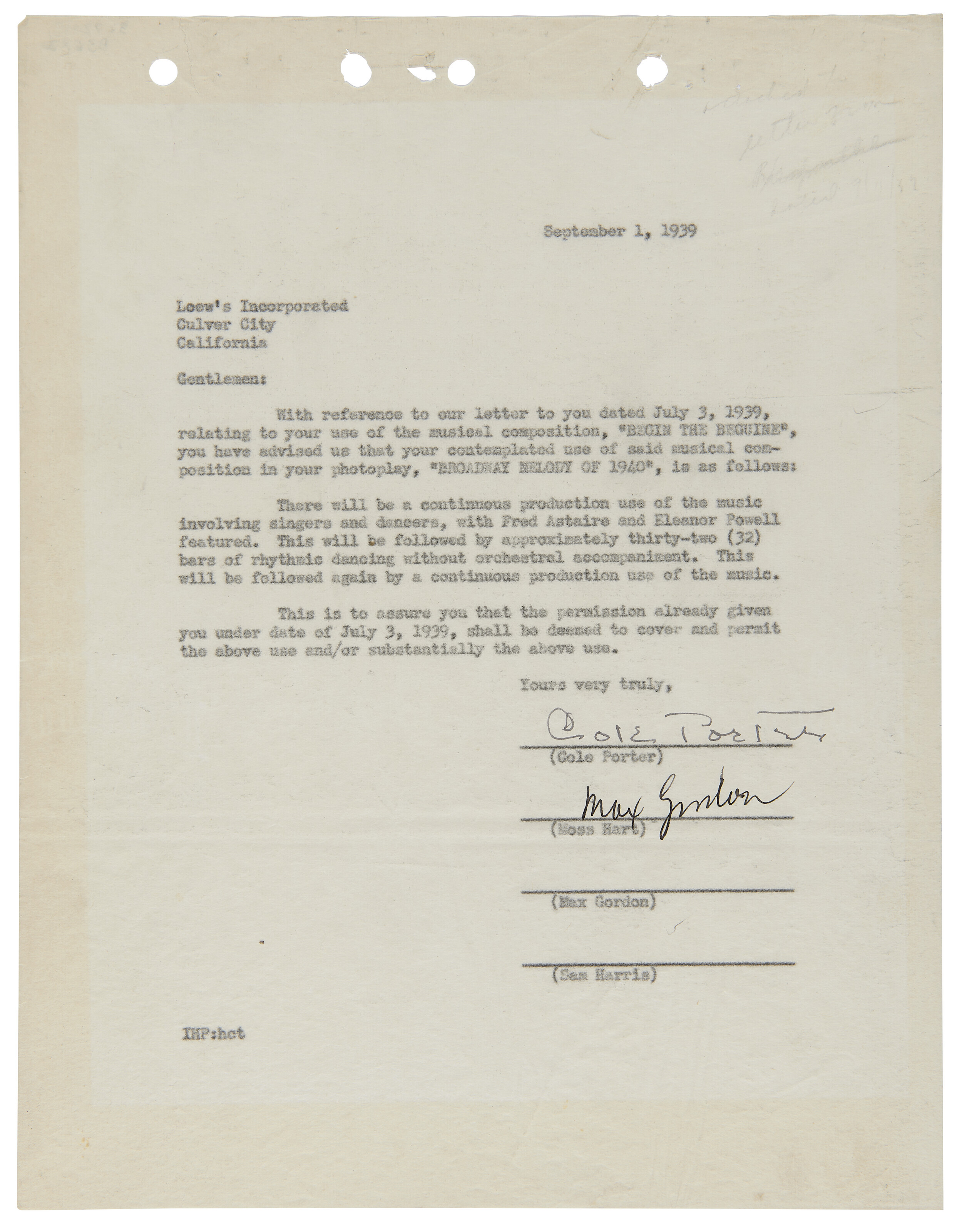Typed document signed, COLE PORTER | Christie’s