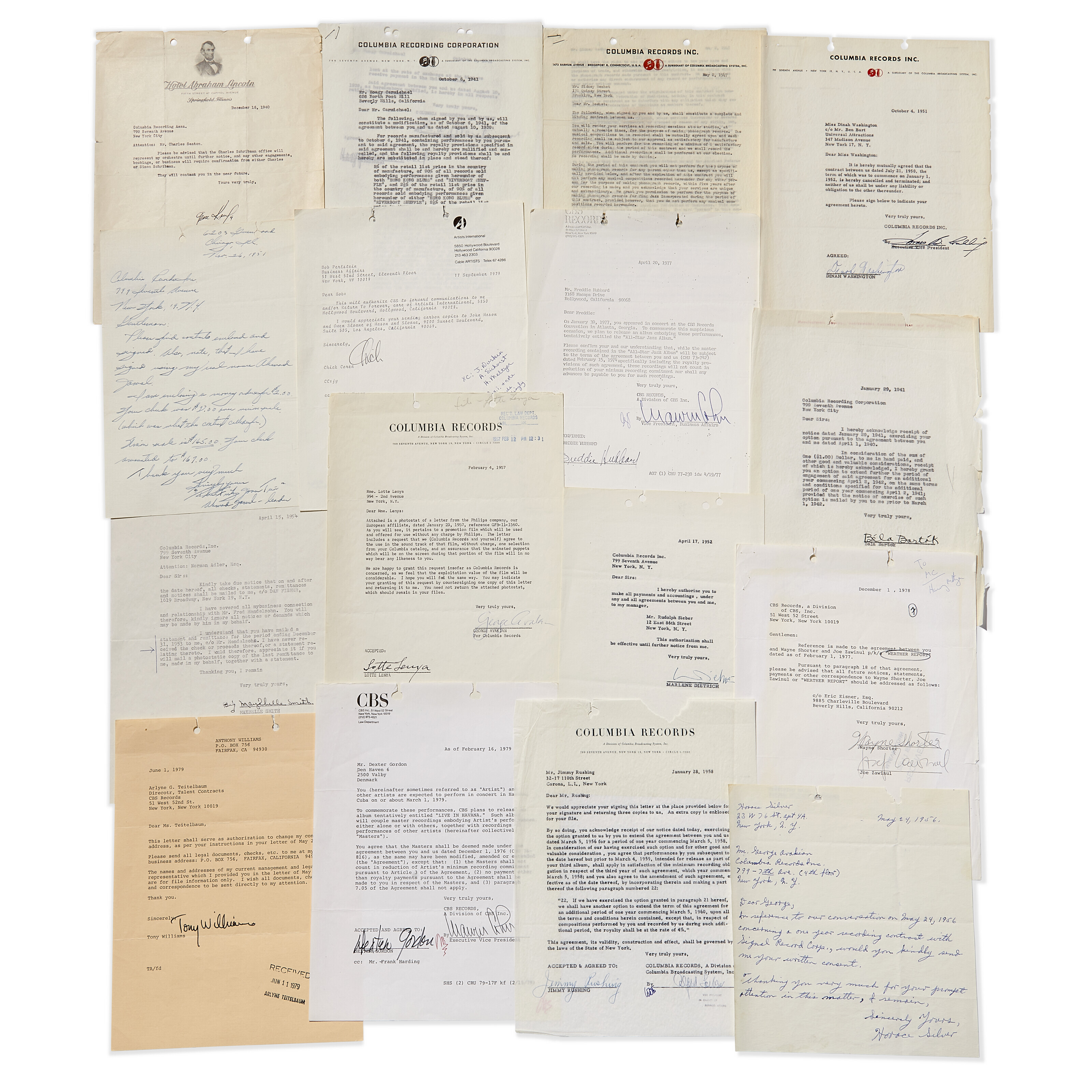 Columbia Records: 16 documents signed, SIDNEY BECHET, DINAH WASHINGTON ...