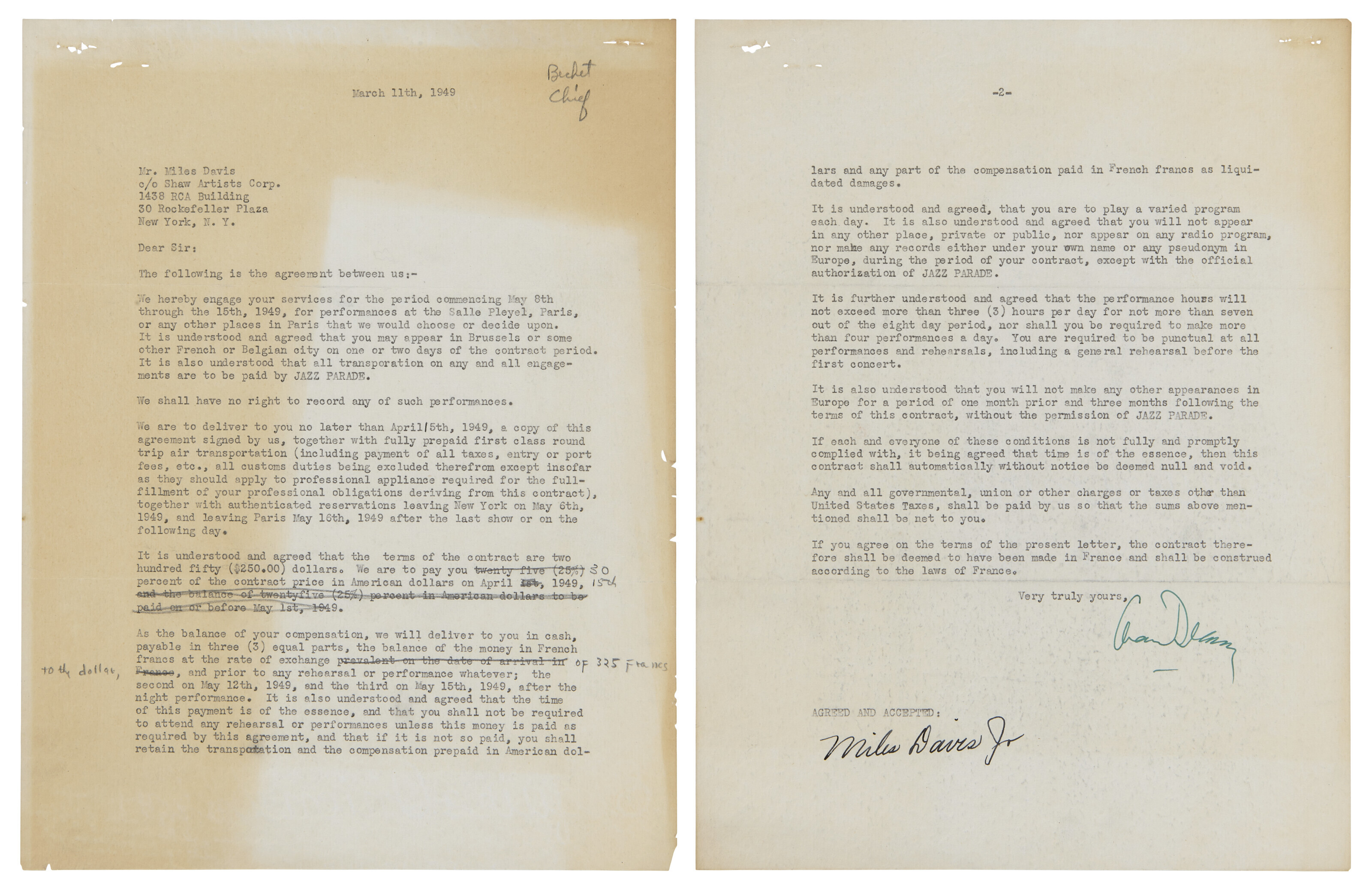 Documents signed, MILES DAVIS AND SIDNEY BECHET | Christie’s