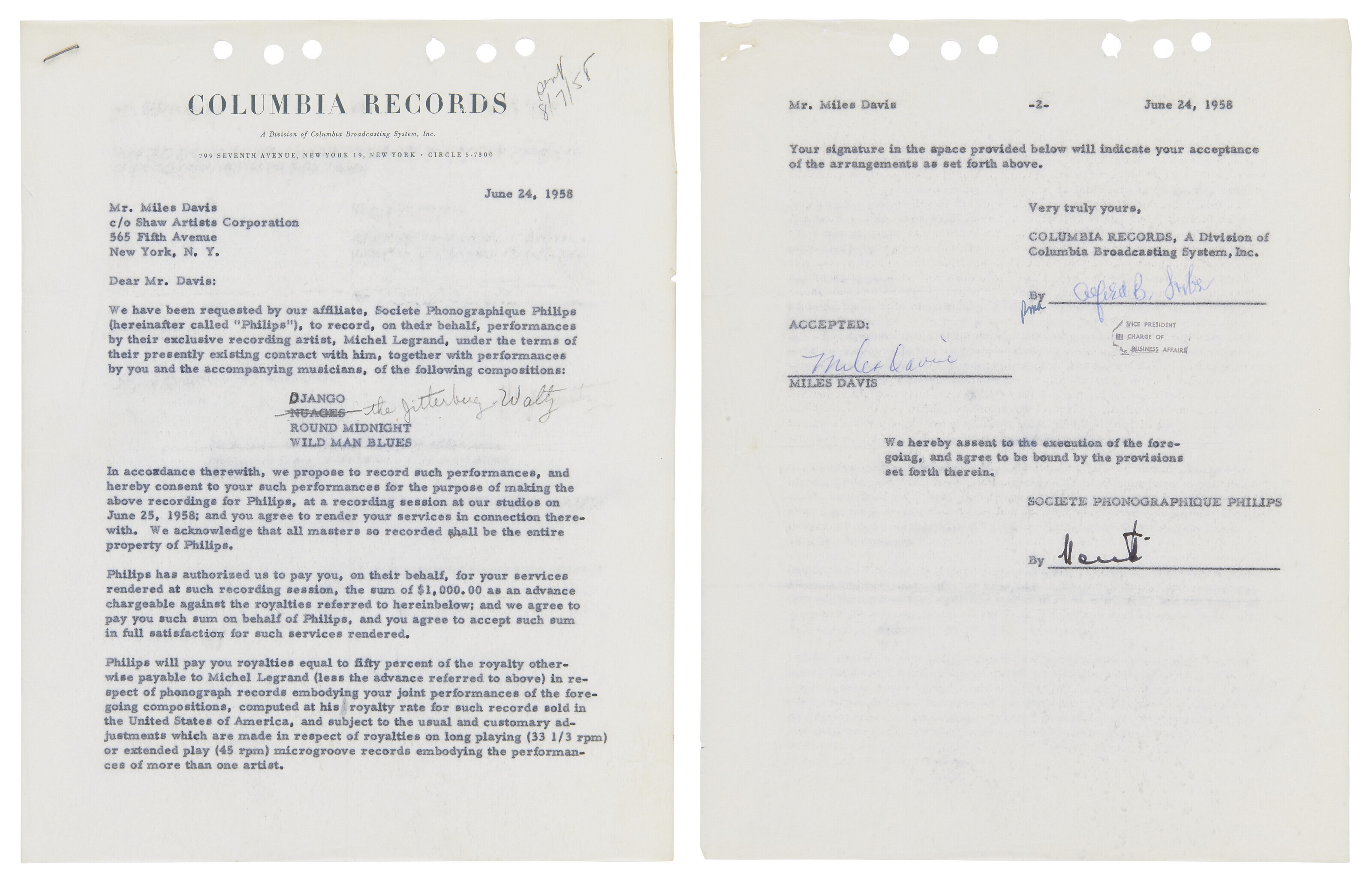 Document signed, MILES DAVIS | Christie’s