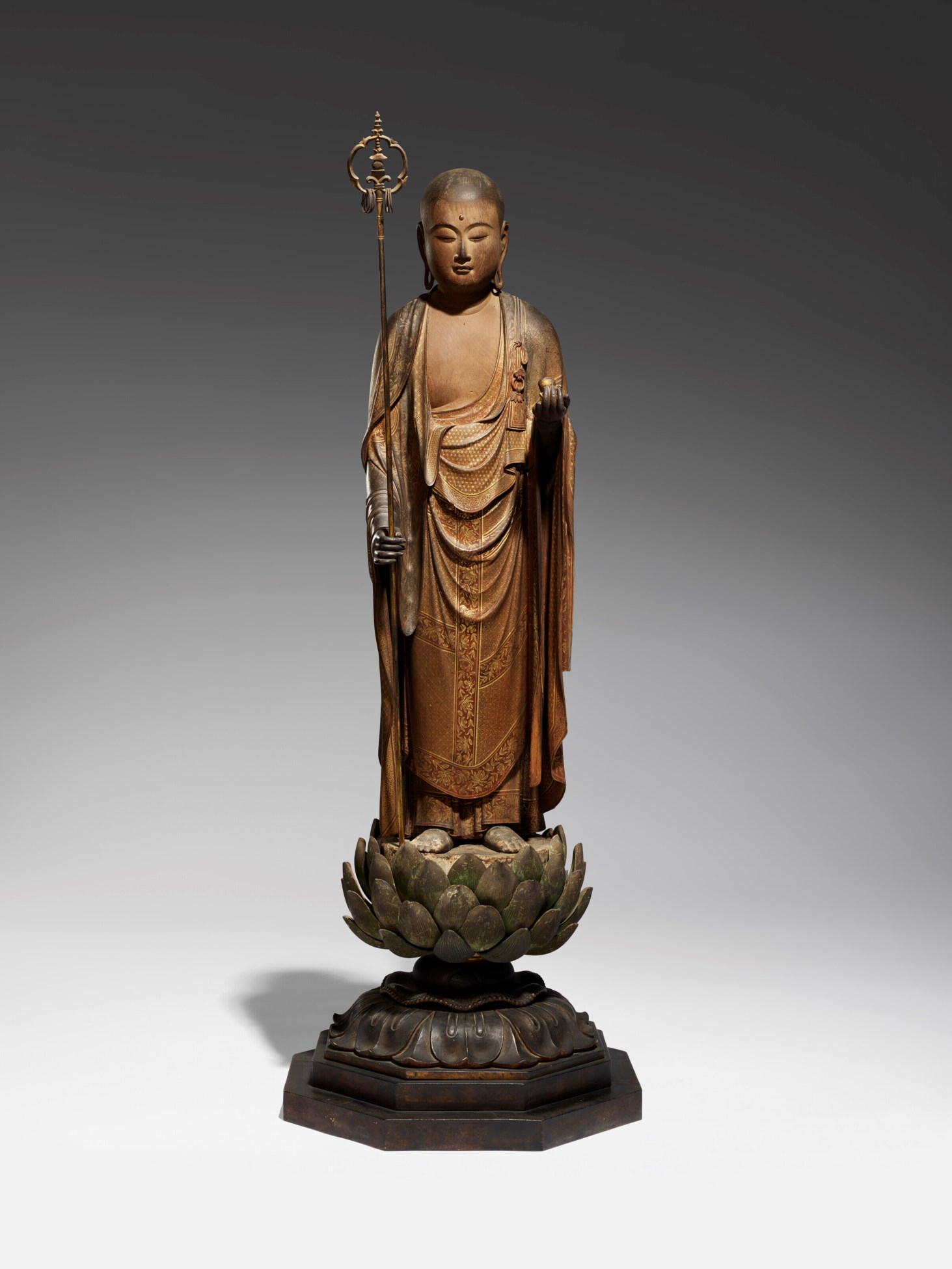 A WOOD SCULPTURE OF A STANDING JIZO BOSATSU (BODHISATTVA KSHITIGARBHA ...