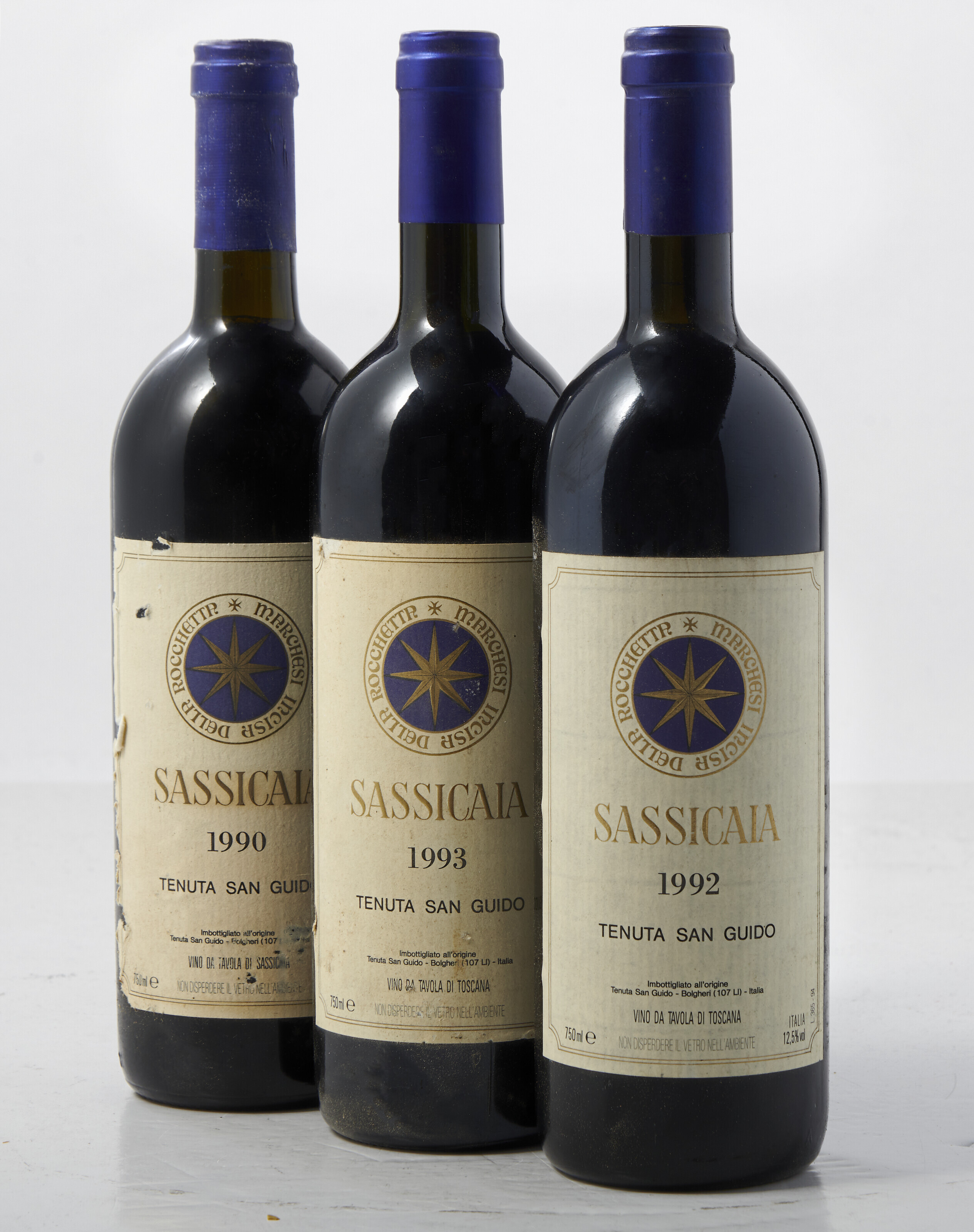 Mixed Sassicaia 1990-1993, Sassicaia 1990Corroded capsule. Bin-soiled ...