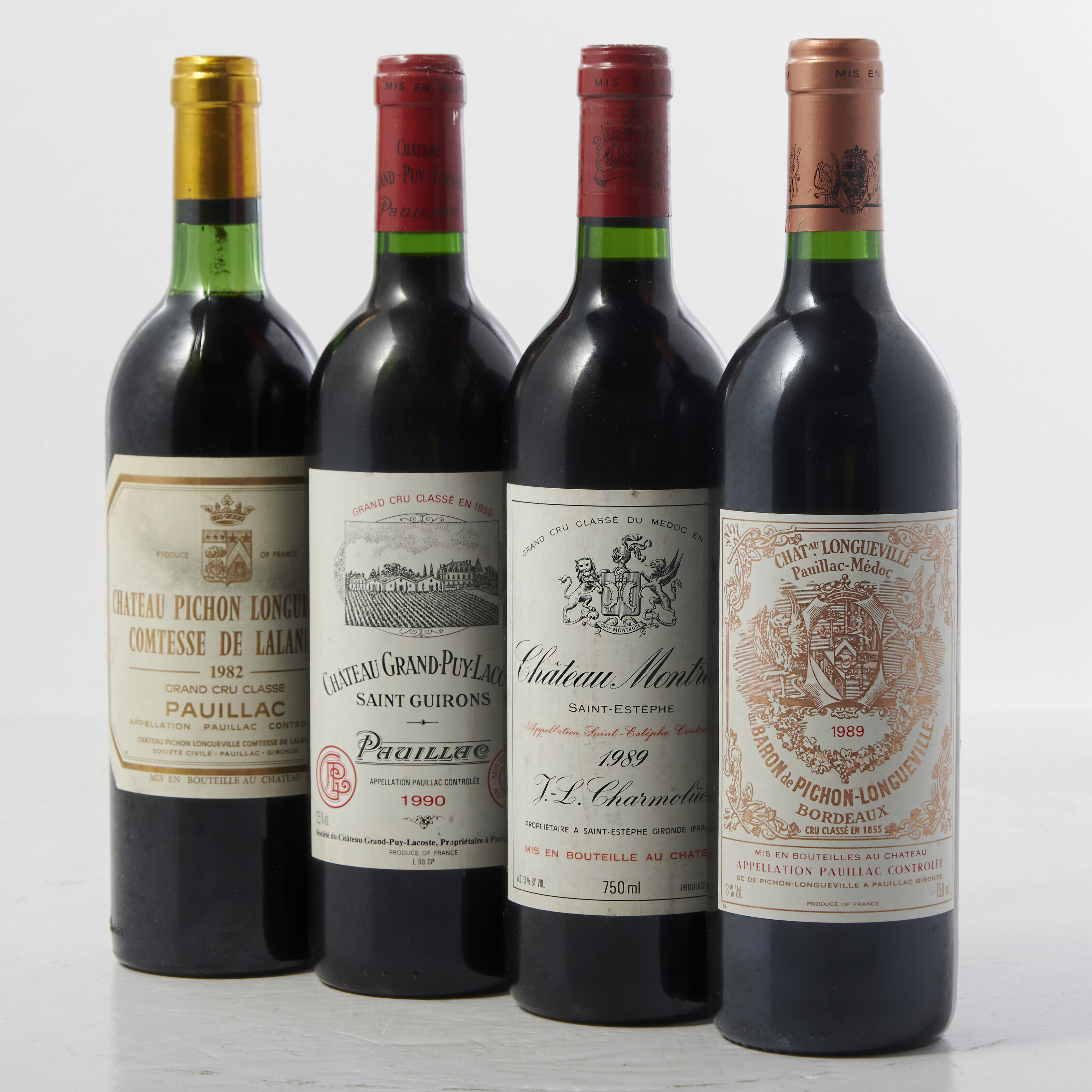 Mixed Left Bank Bordeaux 1982-1990, Château Pichon-Longueville Lalande 1982Bin-soiled and faded ...