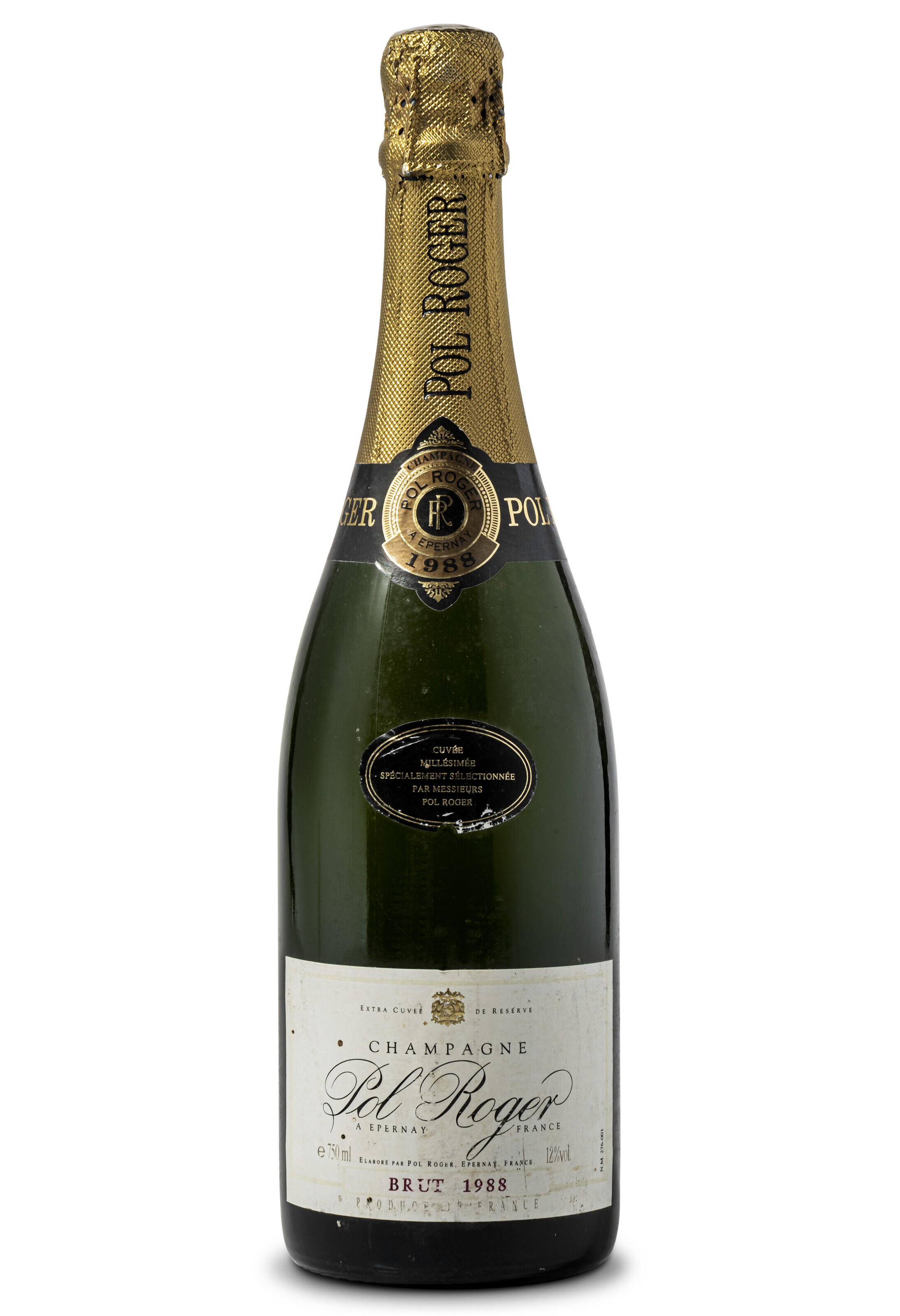 Pol Roger 1988, AÿDamaged foils. Two bottles with remains of labels ...