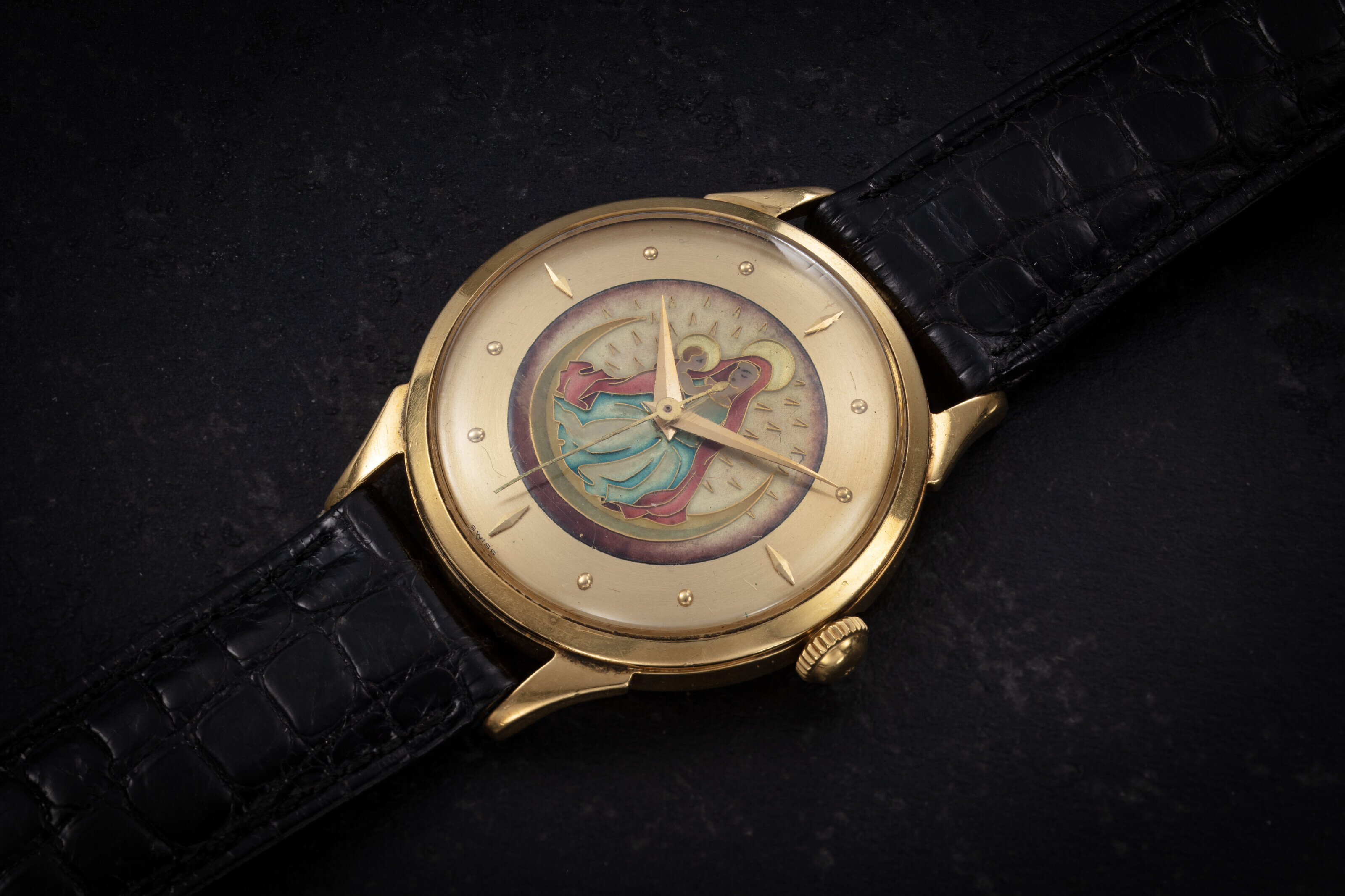 ESKA, A RARE GOLD AUTOMATIC WRISWATCH WITH CLOISONNÈ ENAMEL DIAL, CASE ...