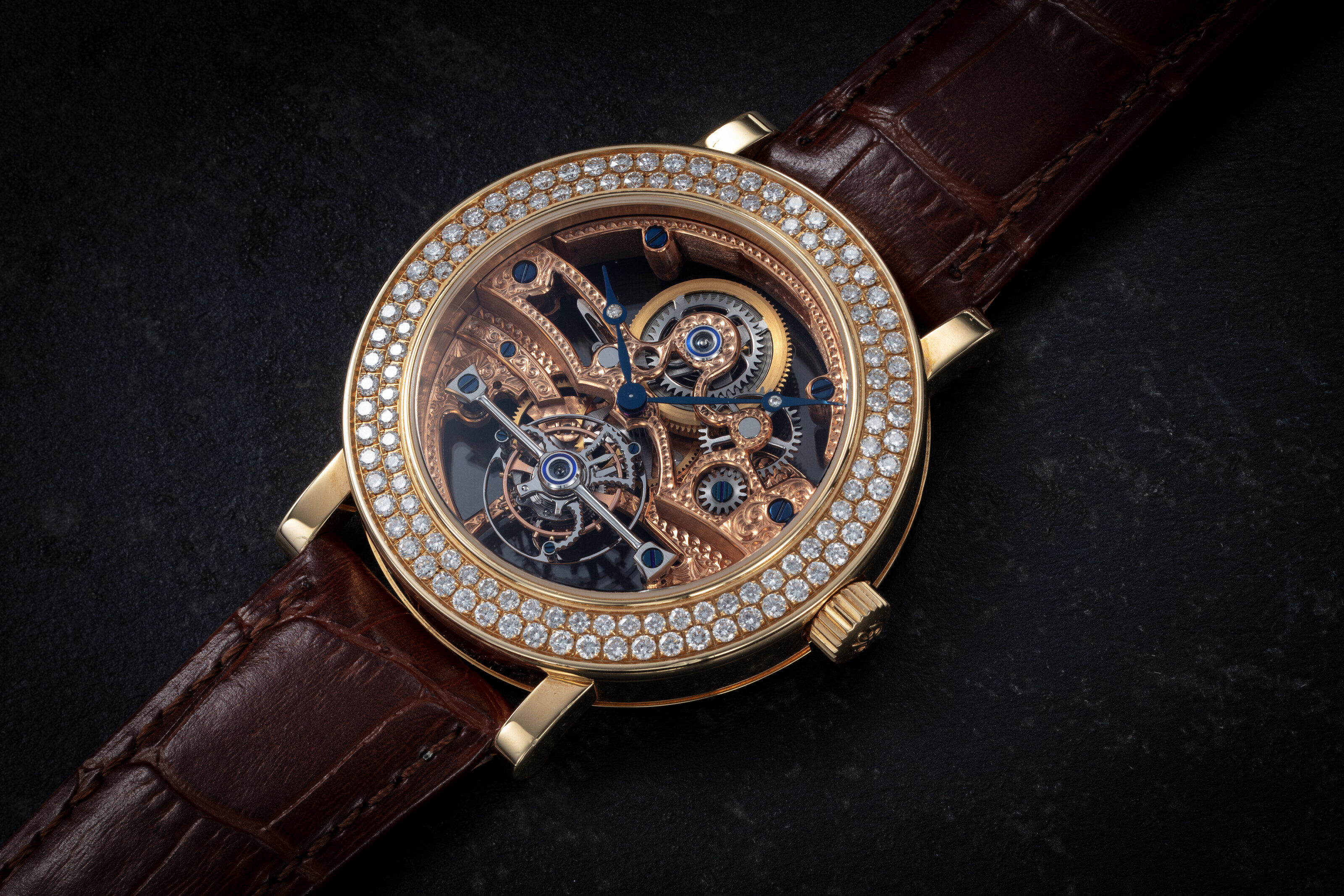 ALEXIS GARIN, A UNIQUE GOLD AND DIAMOND-SET SKELETON DIAL TOURBILLON WRISTWATCH, CASE NUMBER: 1/ ...