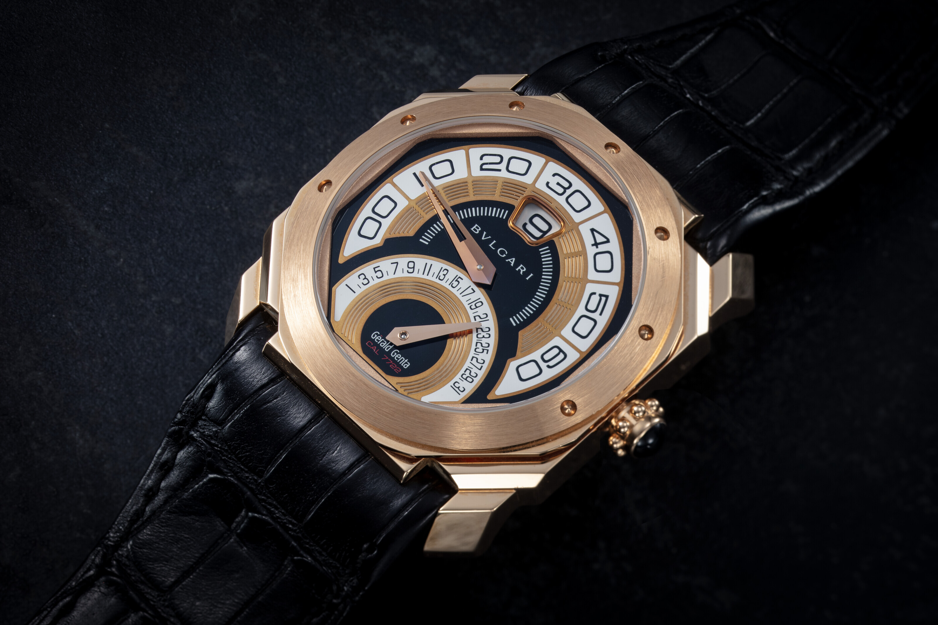 BULGARI, OCTO BI-RETRO GERALD GENTA, AN ATTRACTIVE GOLD AUTOMATIC WRISTWATCH WITH RETROGRADE ...