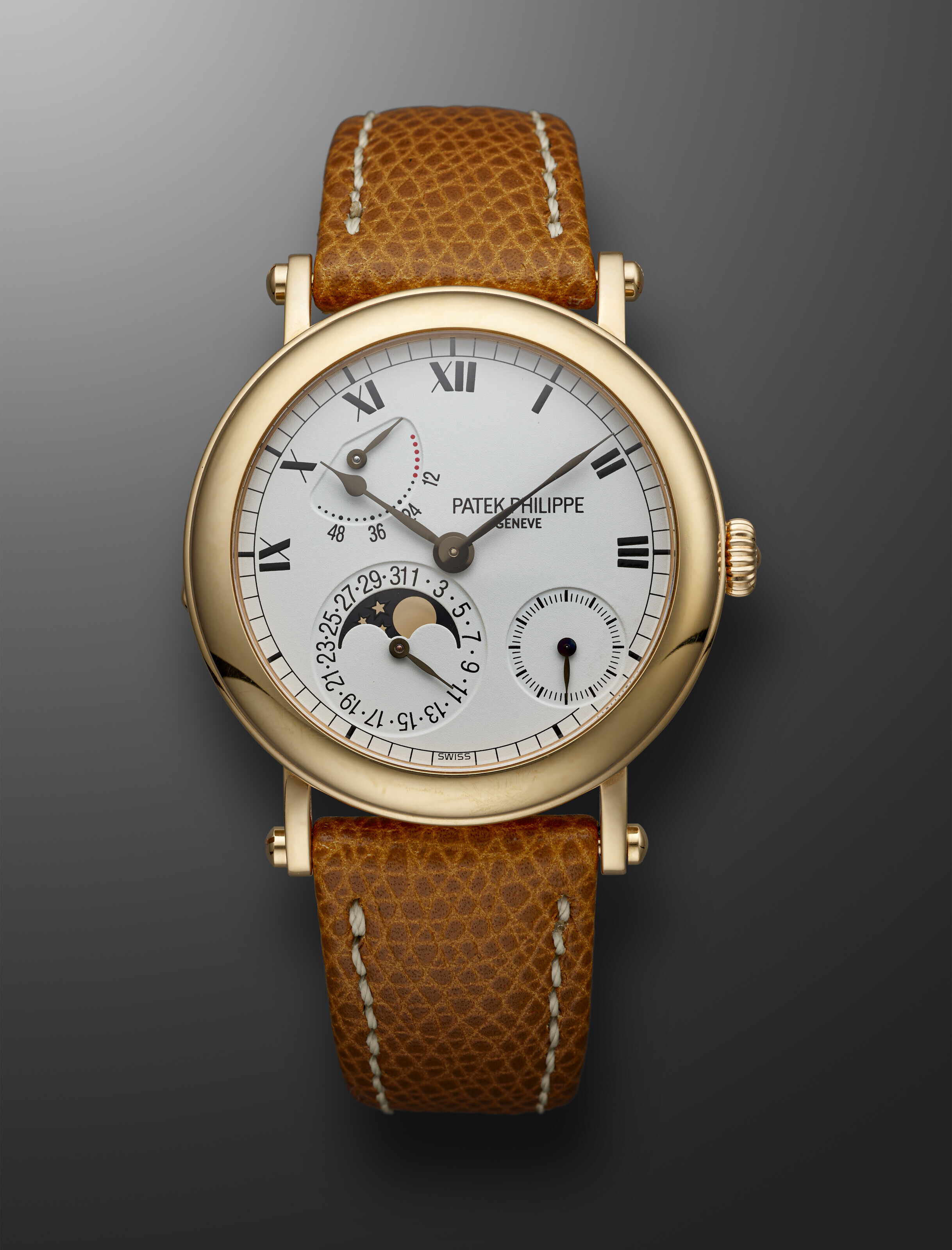 PATEK PHILIPPE, PINK GOLD WRISTWATCH WITH MOONPHASES AND OFFICIER-STYLE ...