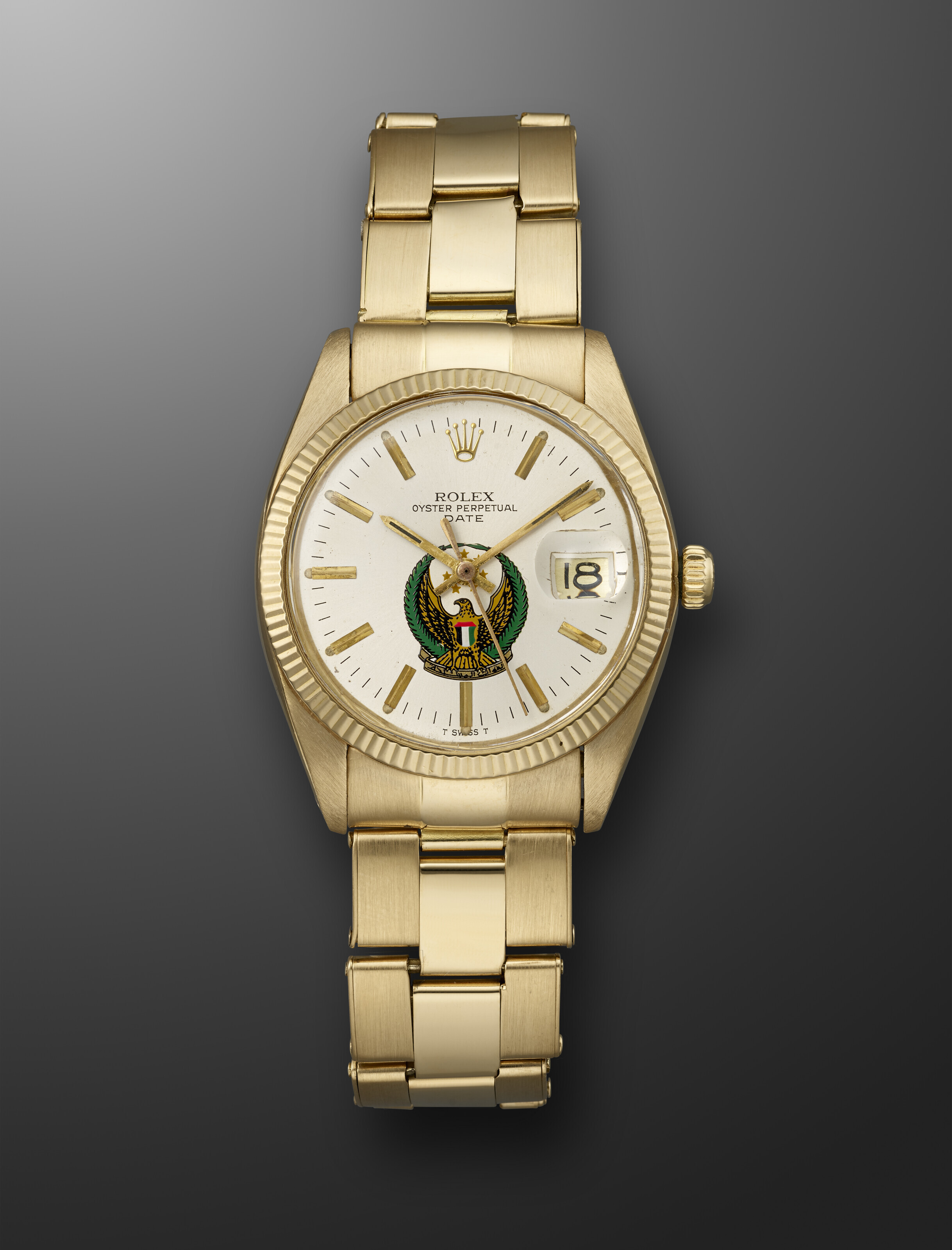 ROLEX, YELLOW GOLD 'OYSTER PERPETUAL DATE' WITH UAE MILITARY EMBLEM ...