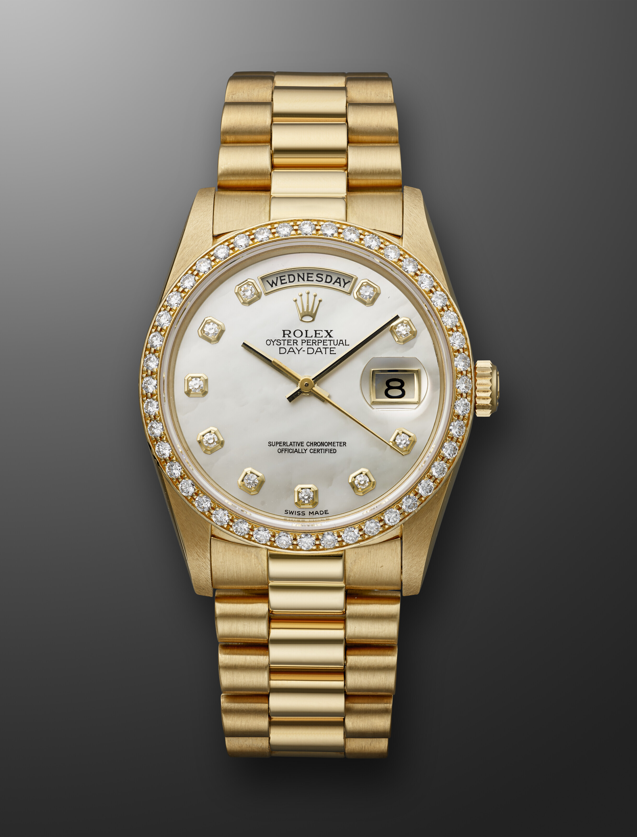 ROLEX, YELLOW GOLD AND DIAMOND-SET 'DAY-DATE' WITH MOTHER-OF-PEARL DIAL ...