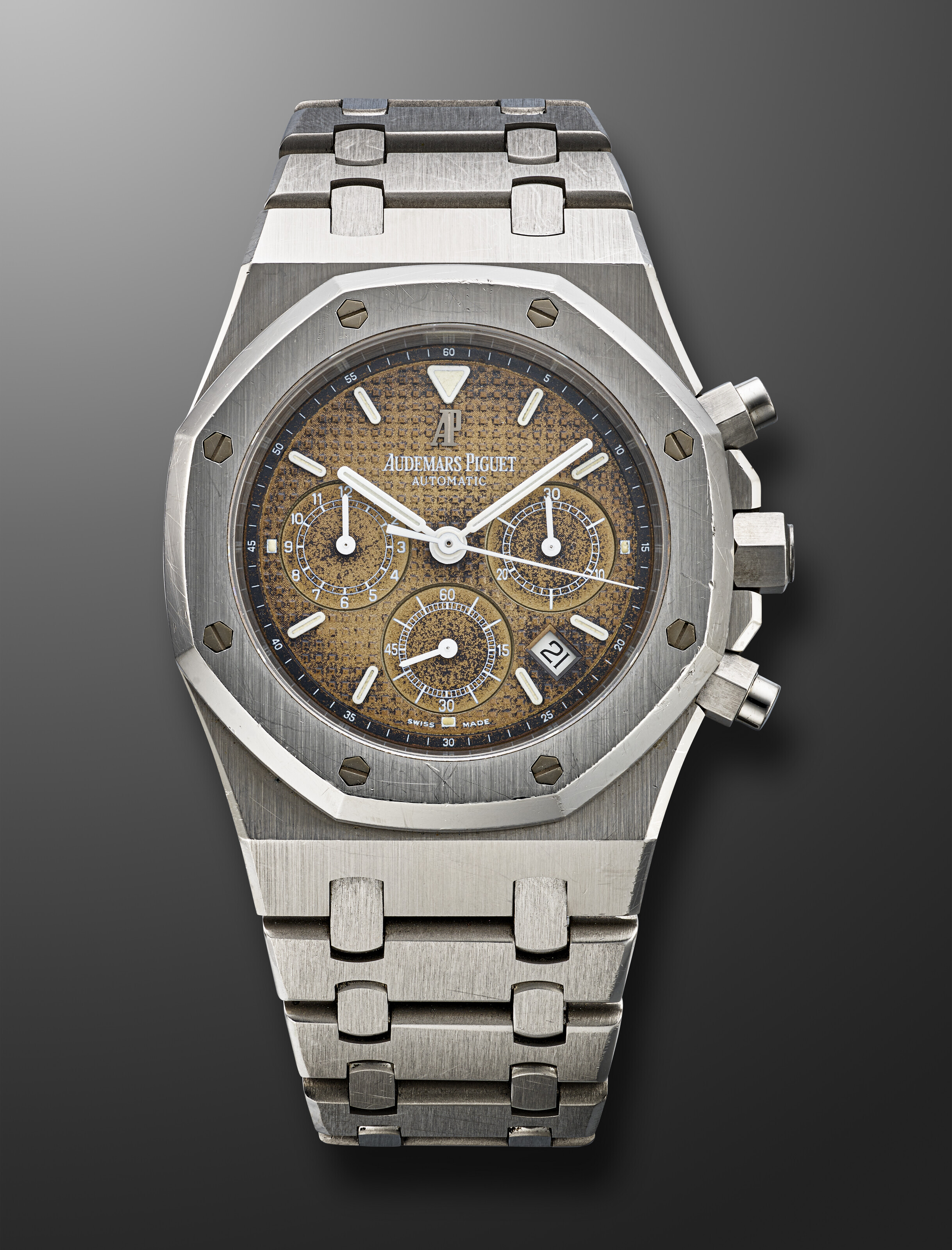 AUDEMARS PIGUET, STAINLESS STEEL CHRONOGRAPH 'ROYAL OAK' WITH TROPICAL ...