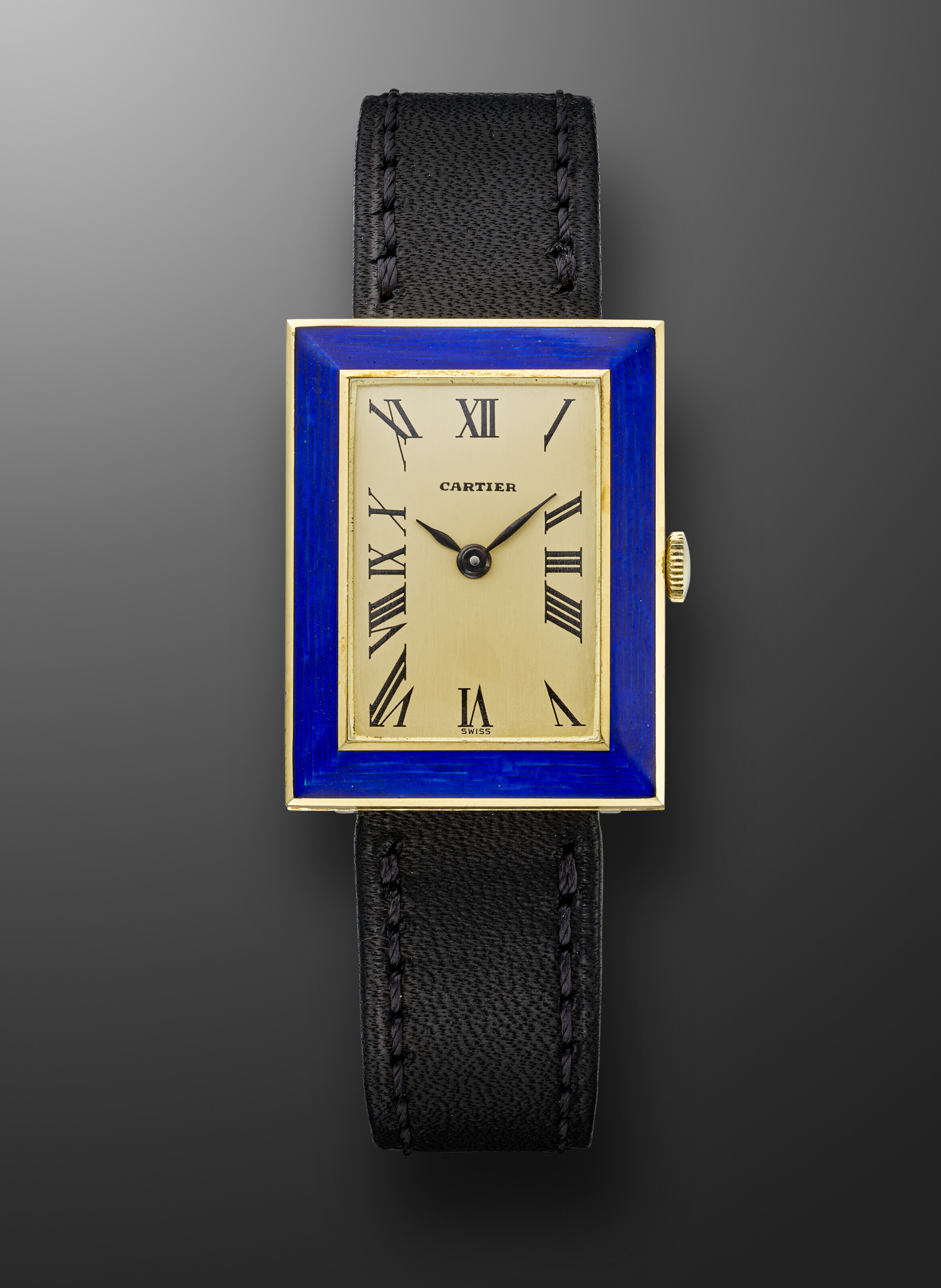 CARTIER, YELLOW GOLD RECTANGULAR WRISTWATCH WITH BLUE ENAMEL BEZEL ...