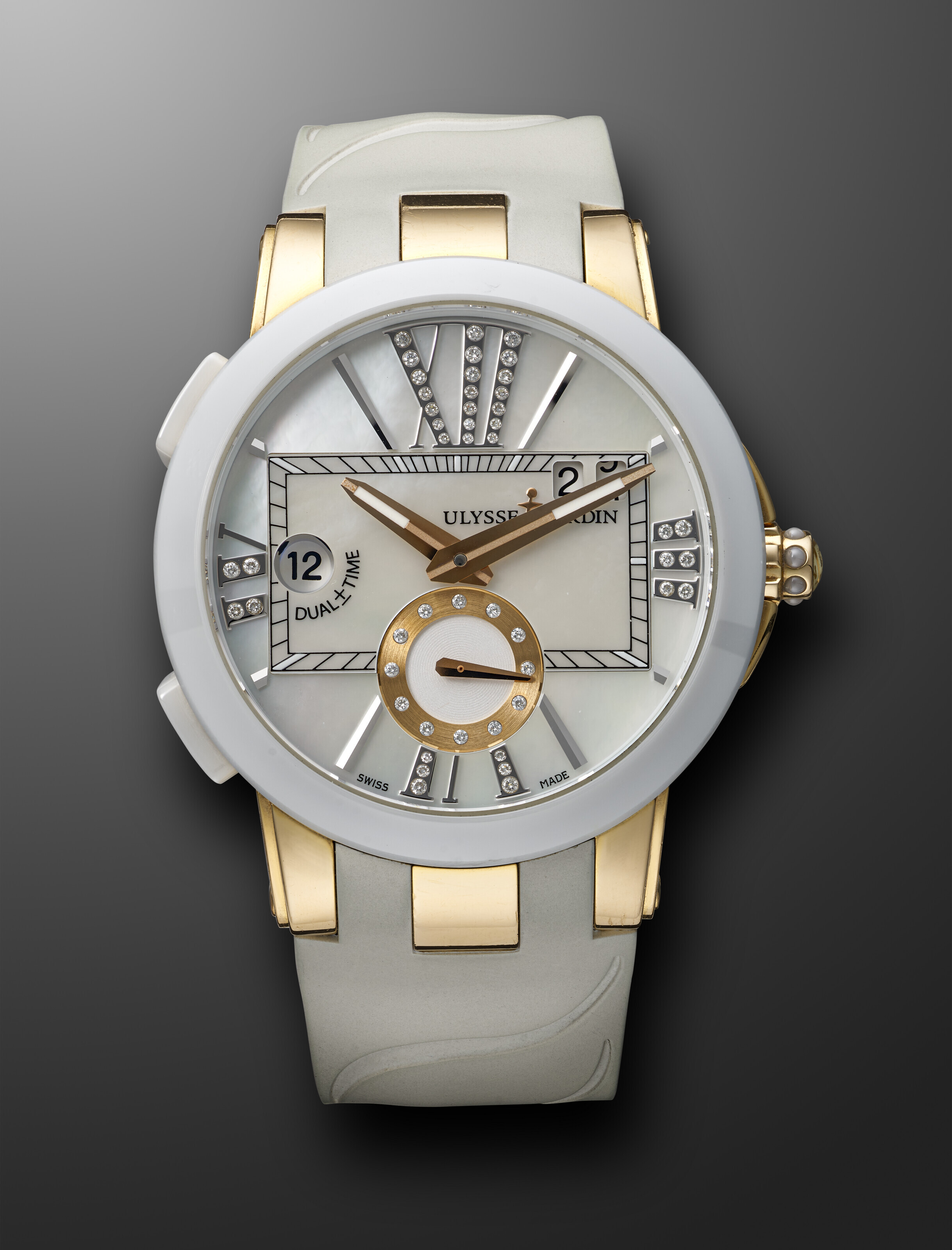 ULYSSE NARDIN, PINK GOLD, CERAMIC AND DIAMOND-SET 'EXECUTIVE DUAL TIME LADY' WITH MOTHER-OF ...
