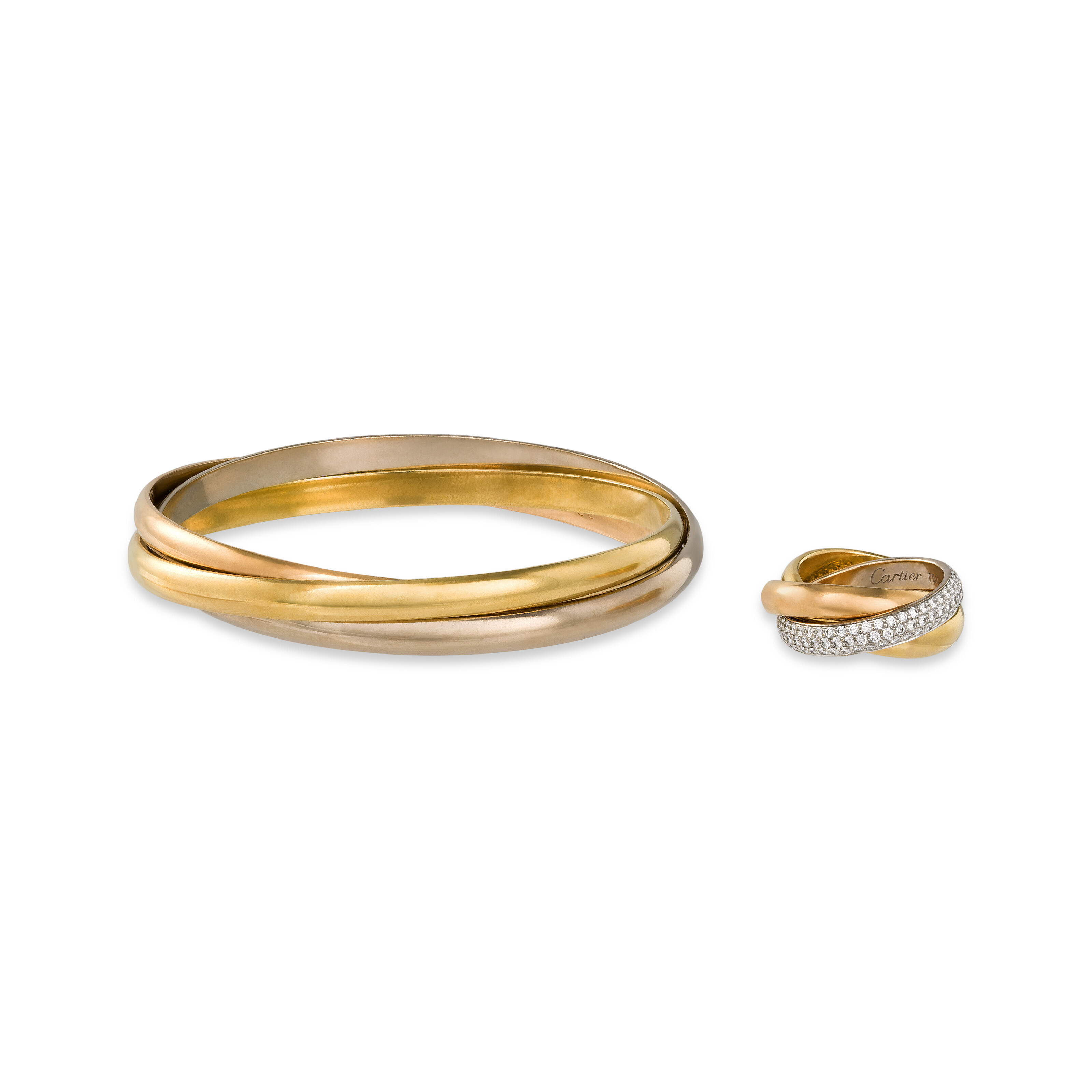 NO RESERVE | CARTIER SET OF TRI-COLOURED GOLD AND DIAMOND 'TRINITY ...