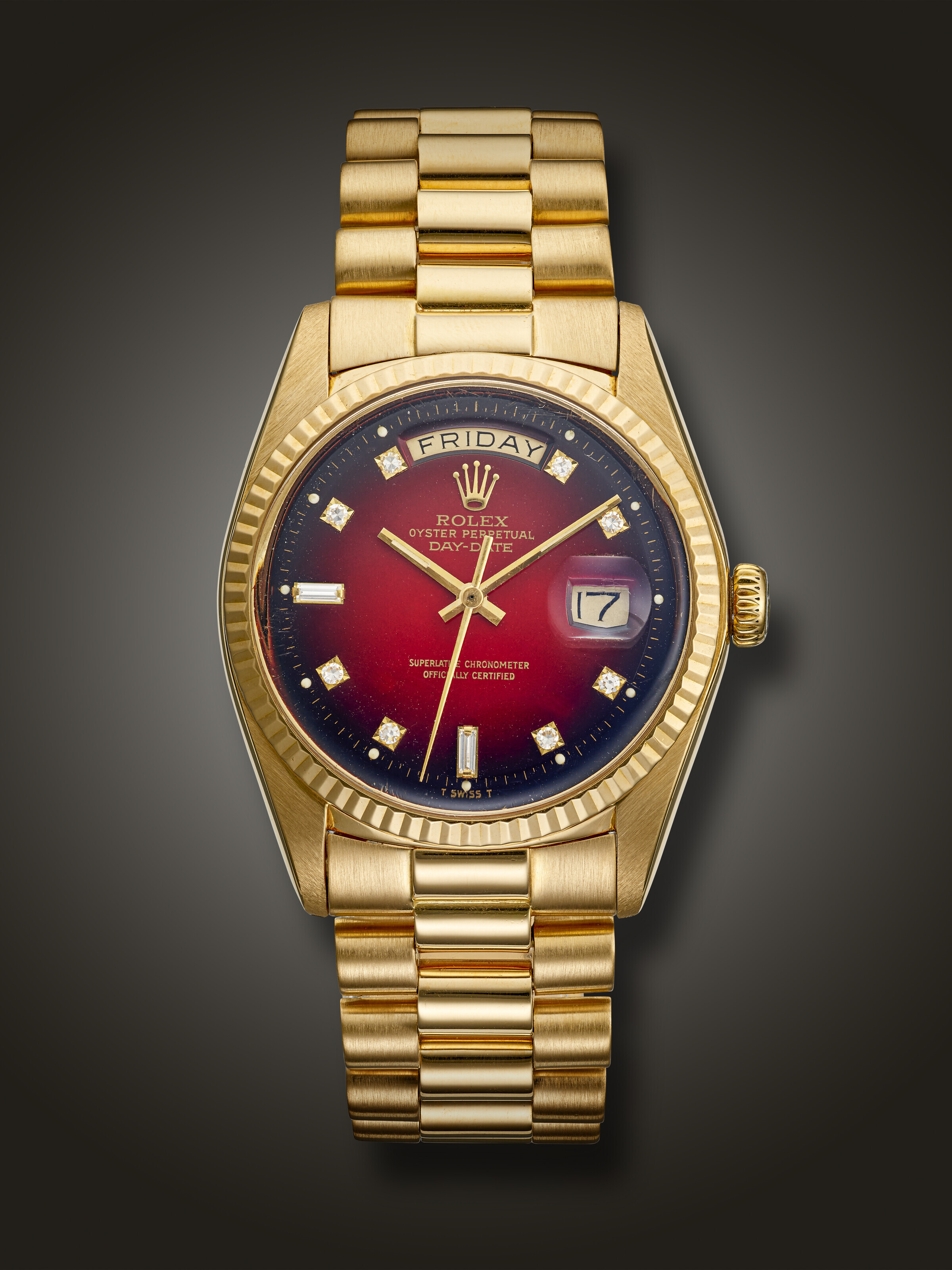 ROLEX, YELLOW GOLD AND DIAMOND-SET 'DAY-DATE', WITH RED VIGNETTE DIAL ...