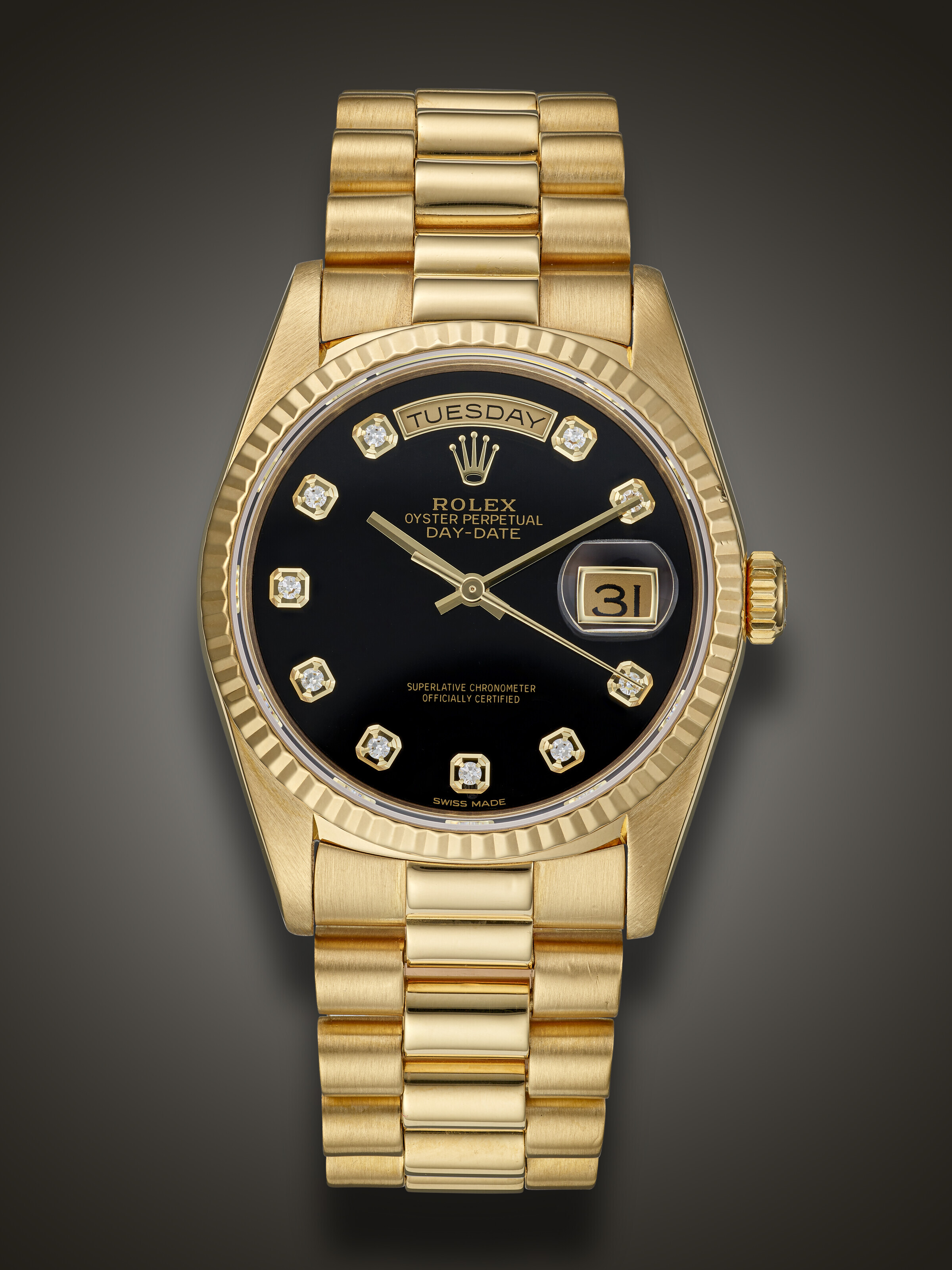 ROLEX, YELLOW GOLD AND DIAMOND-SET 'DAY-DATE', WITH ONYX DIAL, REF ...