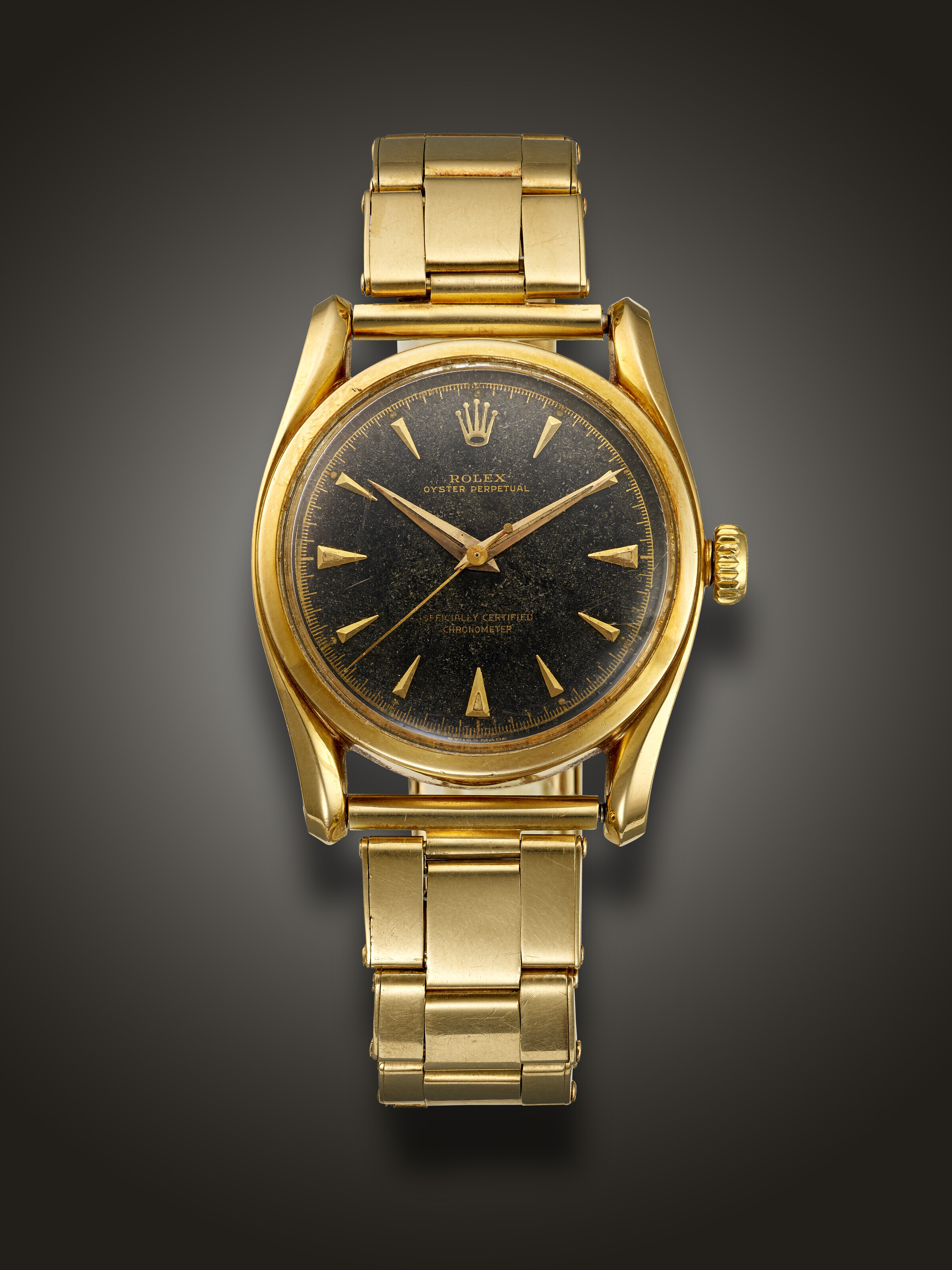 ROLEX, 14K YELLOW GOLD 'OYSTER PERPETUAL', WITH BLACK DIAL, REF. 6090 ...