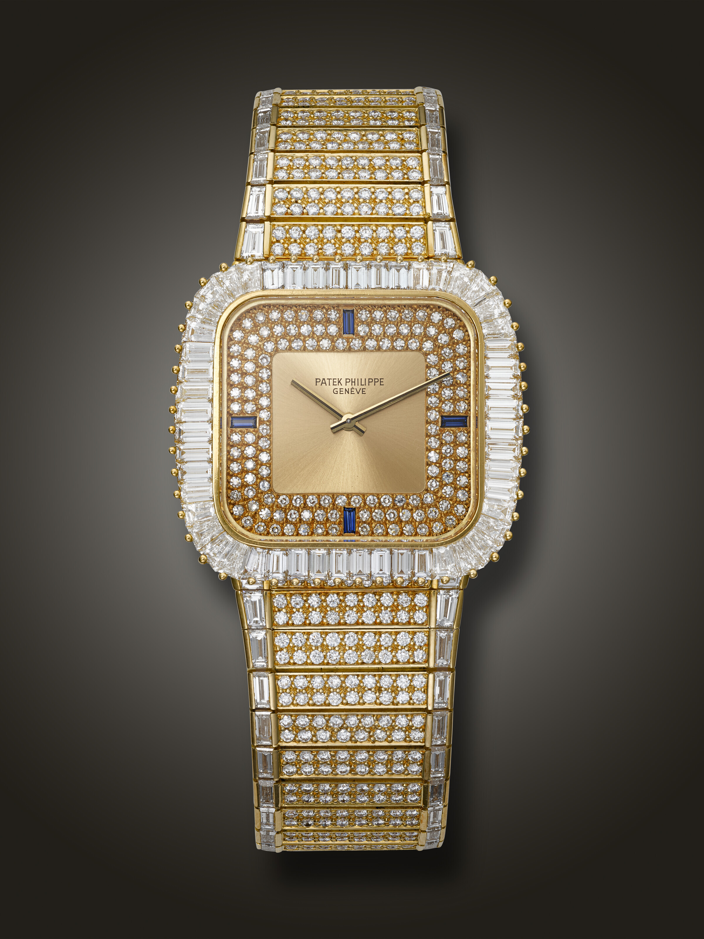 PATEK PHILIPPE, VERY RARE YELLOW GOLD, DIAMOND AND SAPPHIRE-SET SQUARE ...
