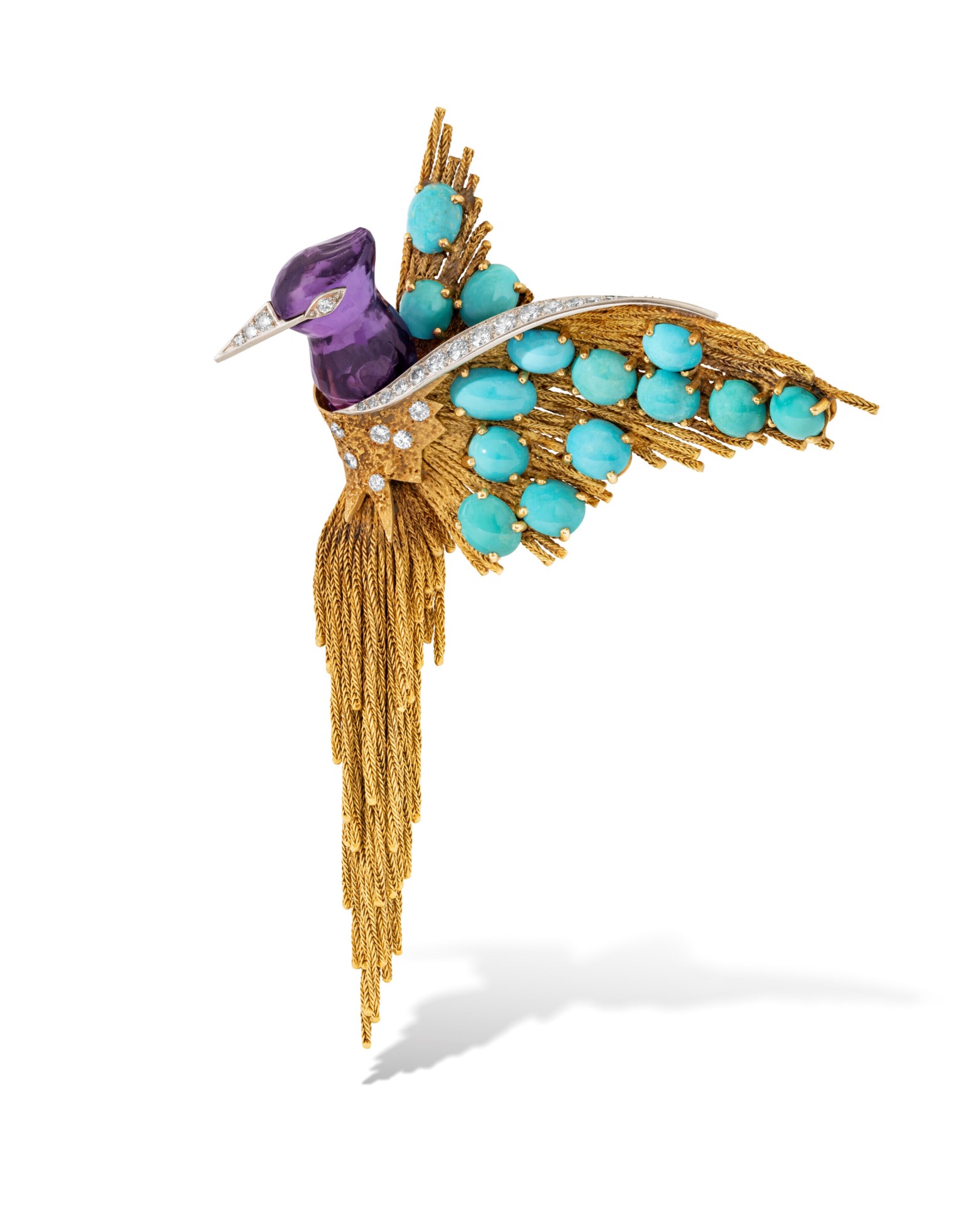 STERLÉ AMETHYST, TURQUOISE AND DIAMOND BIRD BROOCH | Christie's