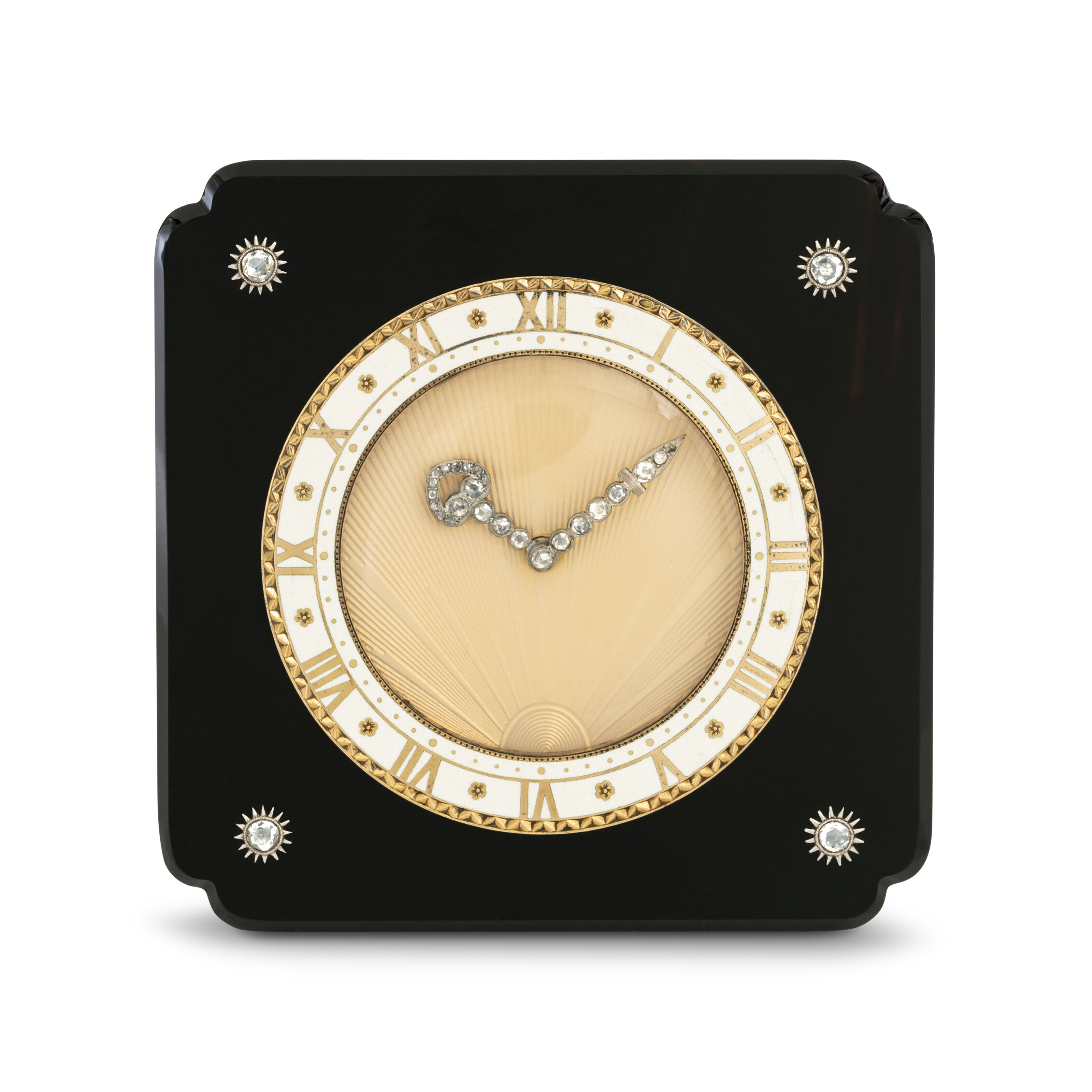 CARTIER ART DECO ONYX, ENAMEL AND DIAMOND SQUARE STRUT CLOCK, | Christie’s