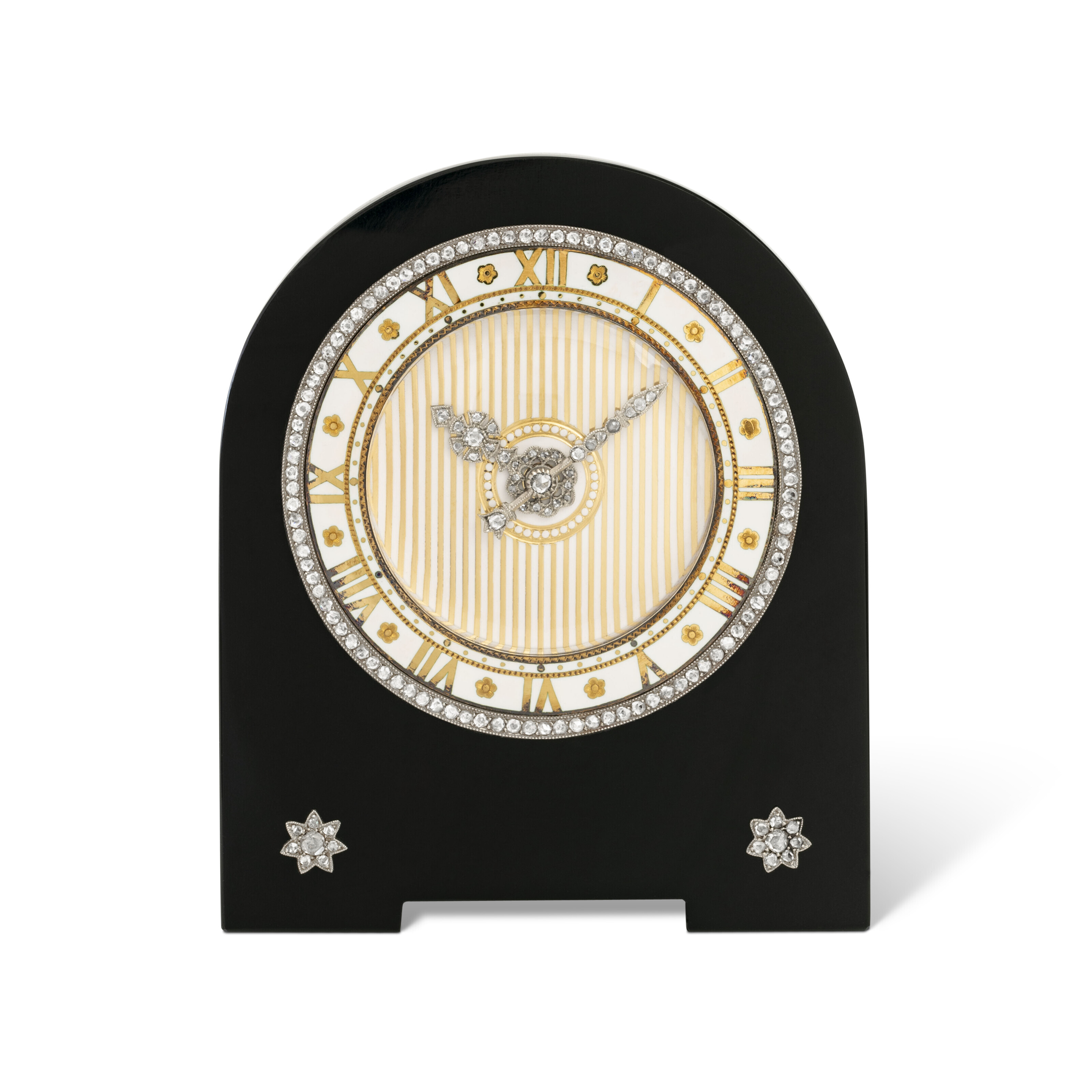 CARTIER ART DECO ONYX, ENAMEL AND DIAMOND 'BORNE' STRUT CLOCK, | Christie’s
