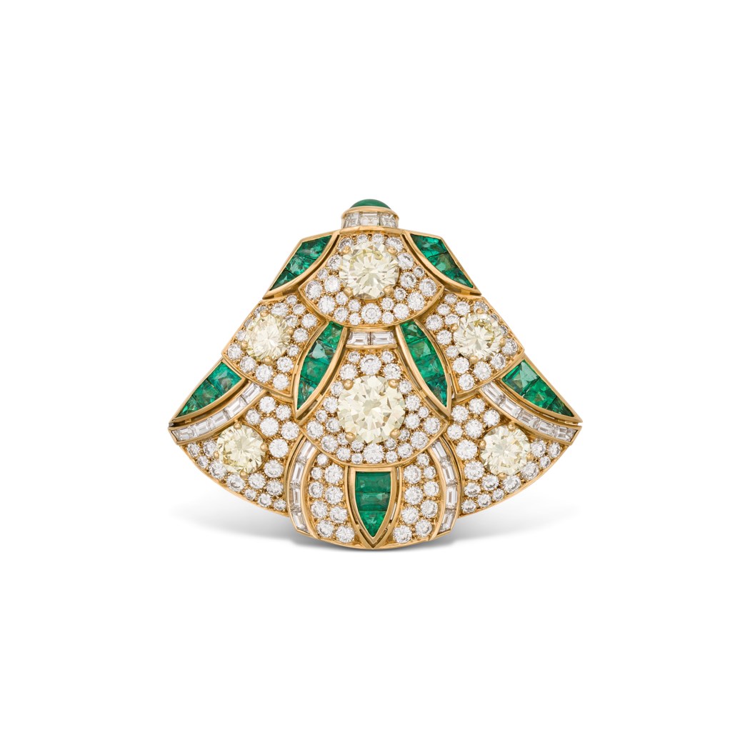 BULGARI COLOURED DIAMOND, DIAMOND AND EMERALD BROOCH | Christie's