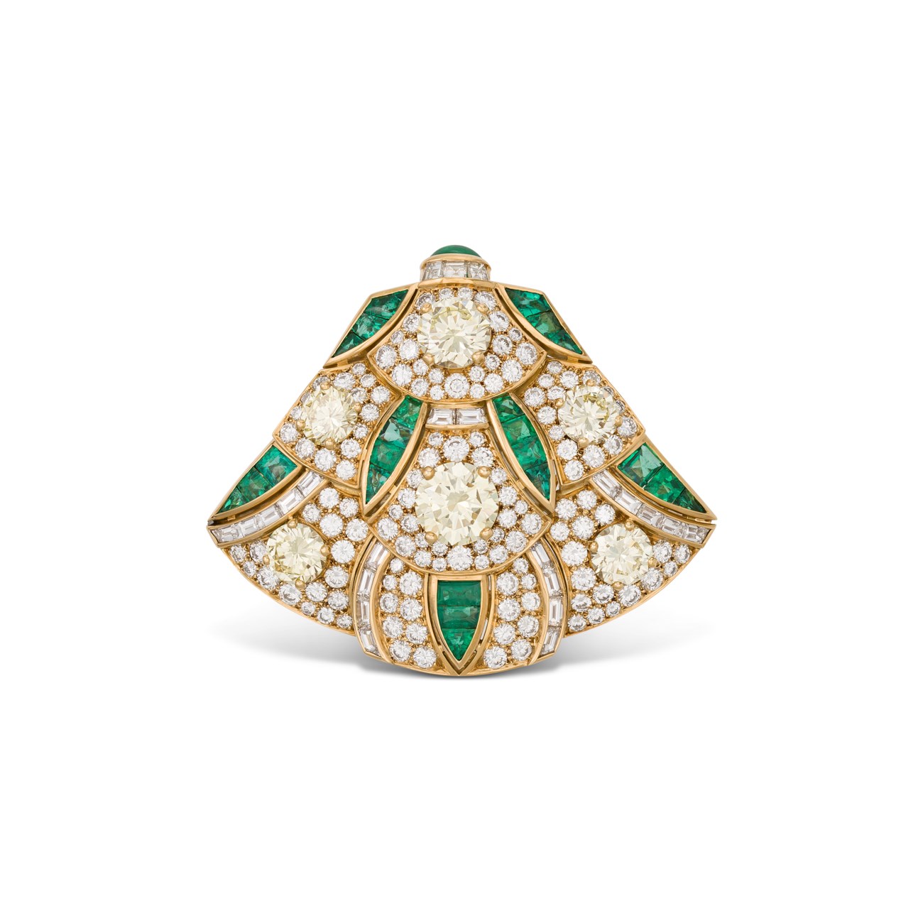 BULGARI COLOURED DIAMOND, DIAMOND AND EMERALD BROOCH | Christie's