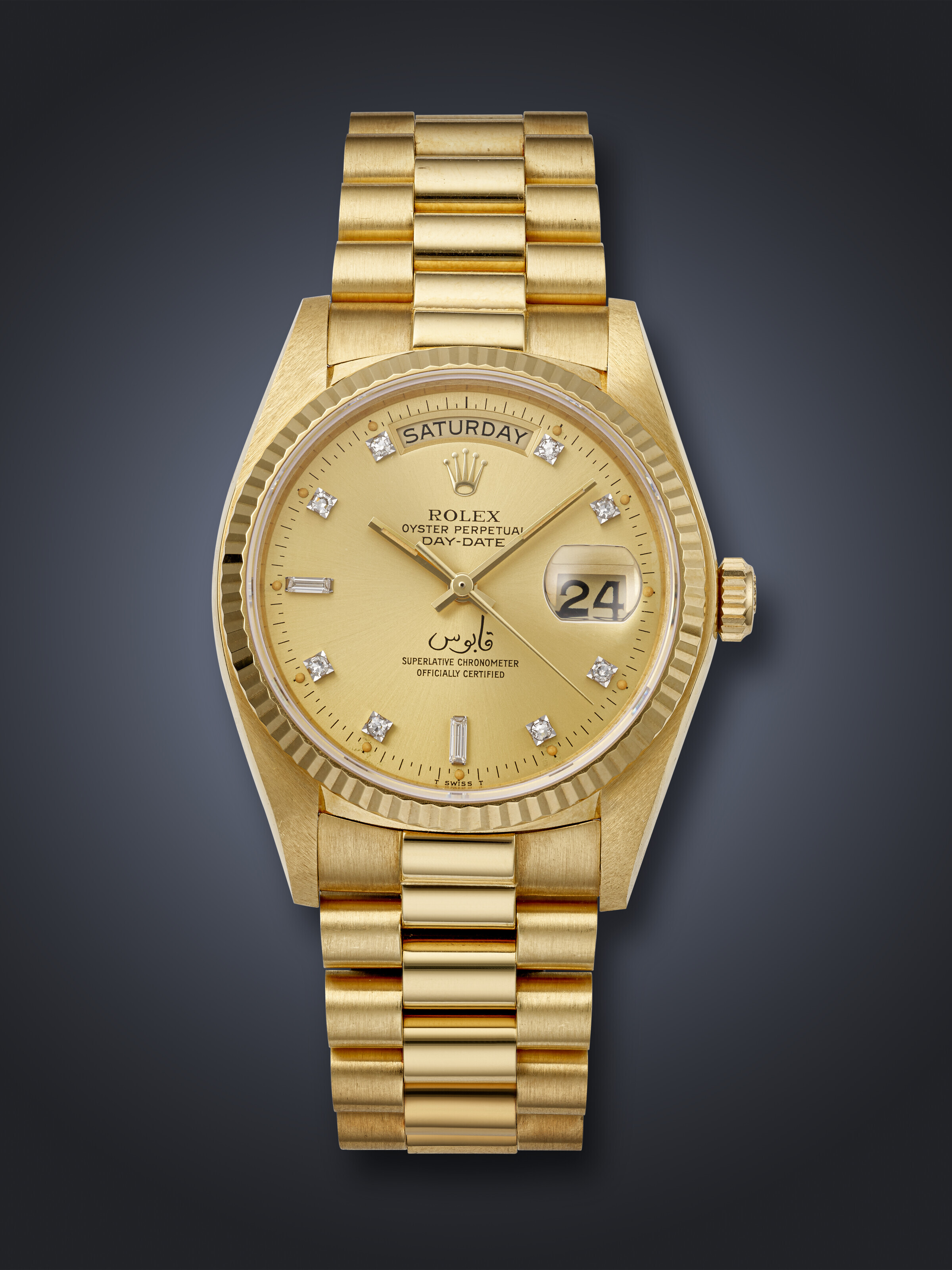 ROLEX, RARE YELLOW GOLD AND DIAMOND-SET 'DAY-DATE', WITH QABOOS ...