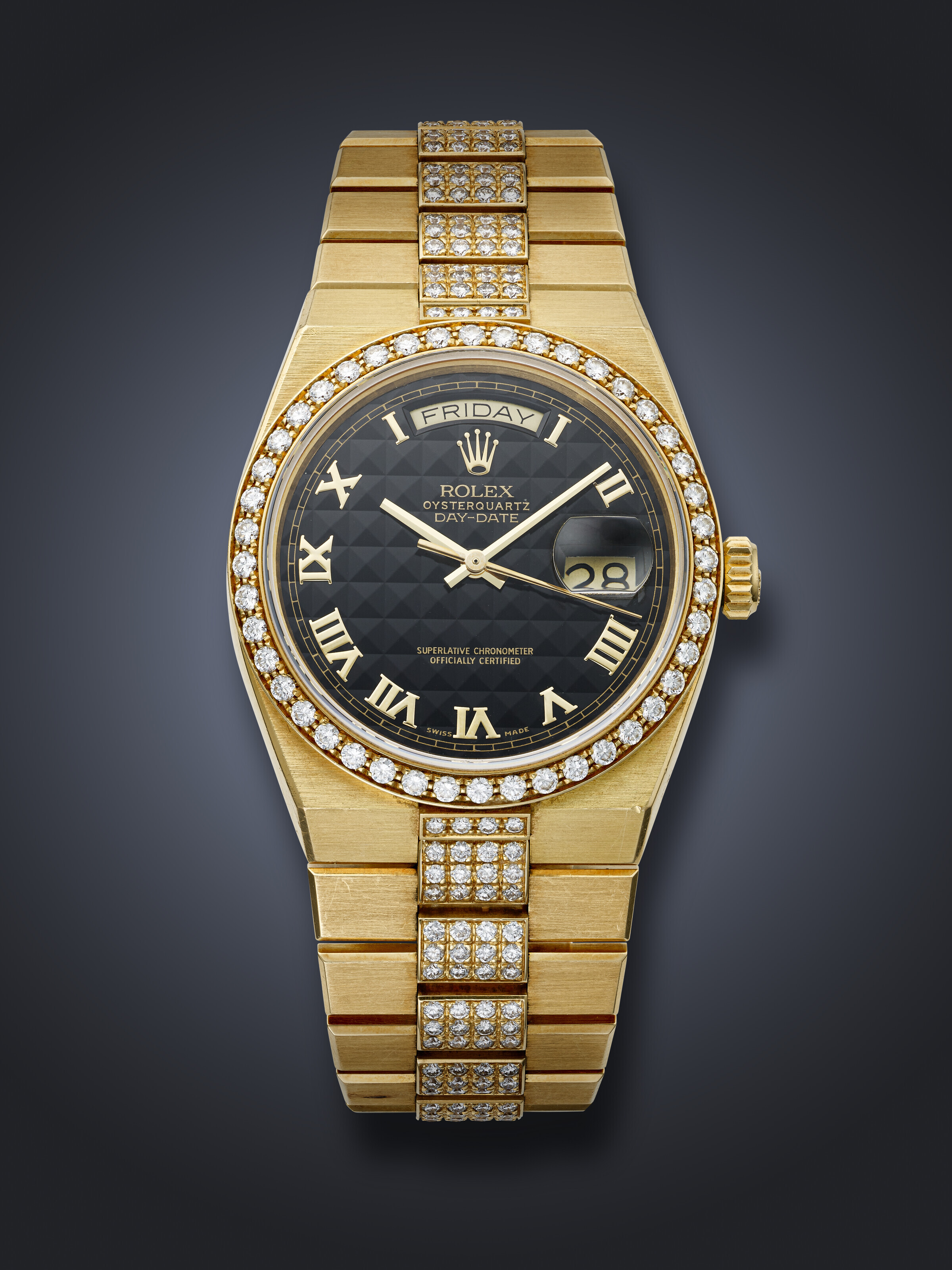 ROLEX, RARE YELLOW GOLD AND DIAMOND-SET 'OYSTERQUARTZ DAY-DATE', WITH ...