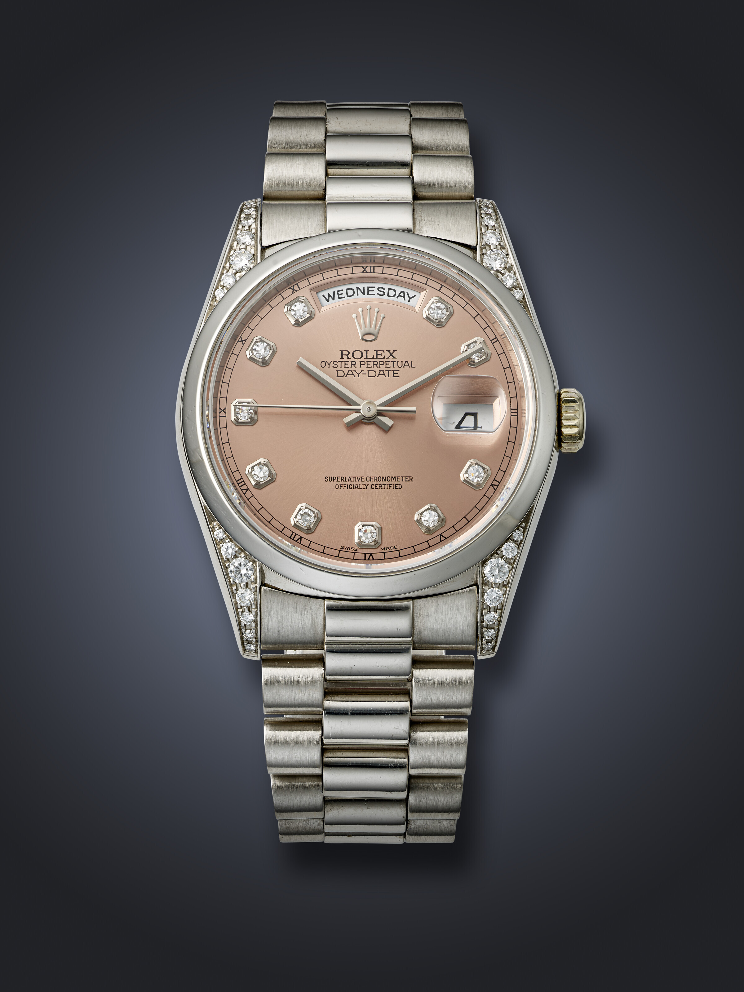 ROLEX, RARE PLATINUM AND DIAMOND-SET 'DAY-DATE' WITH SALMON DIAL, REF ...