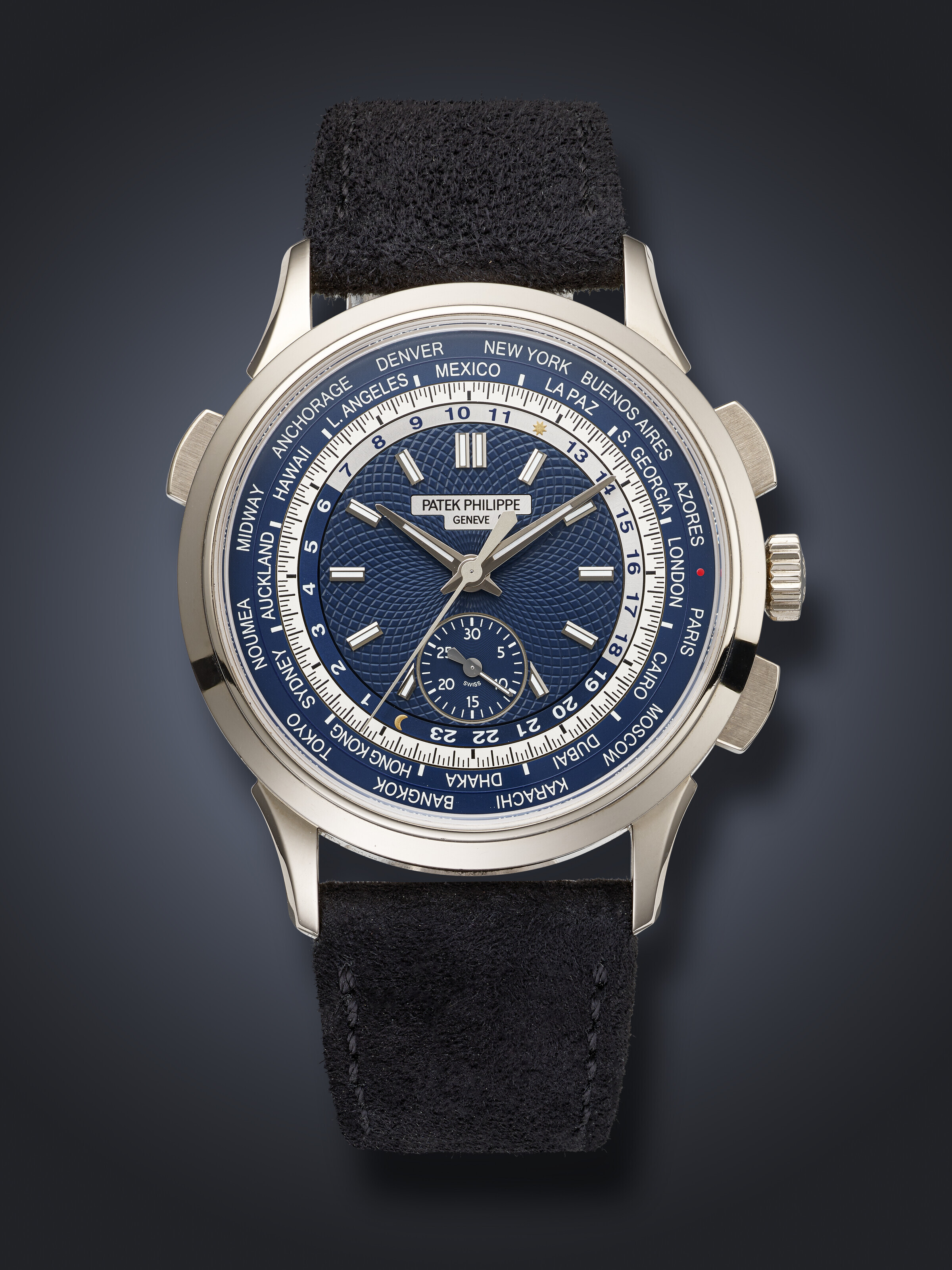 PATEK PHILIPPE, WHITE GOLD WORLD TIME FLYBACK CHRONOGRAPH, REF. 5930G ...