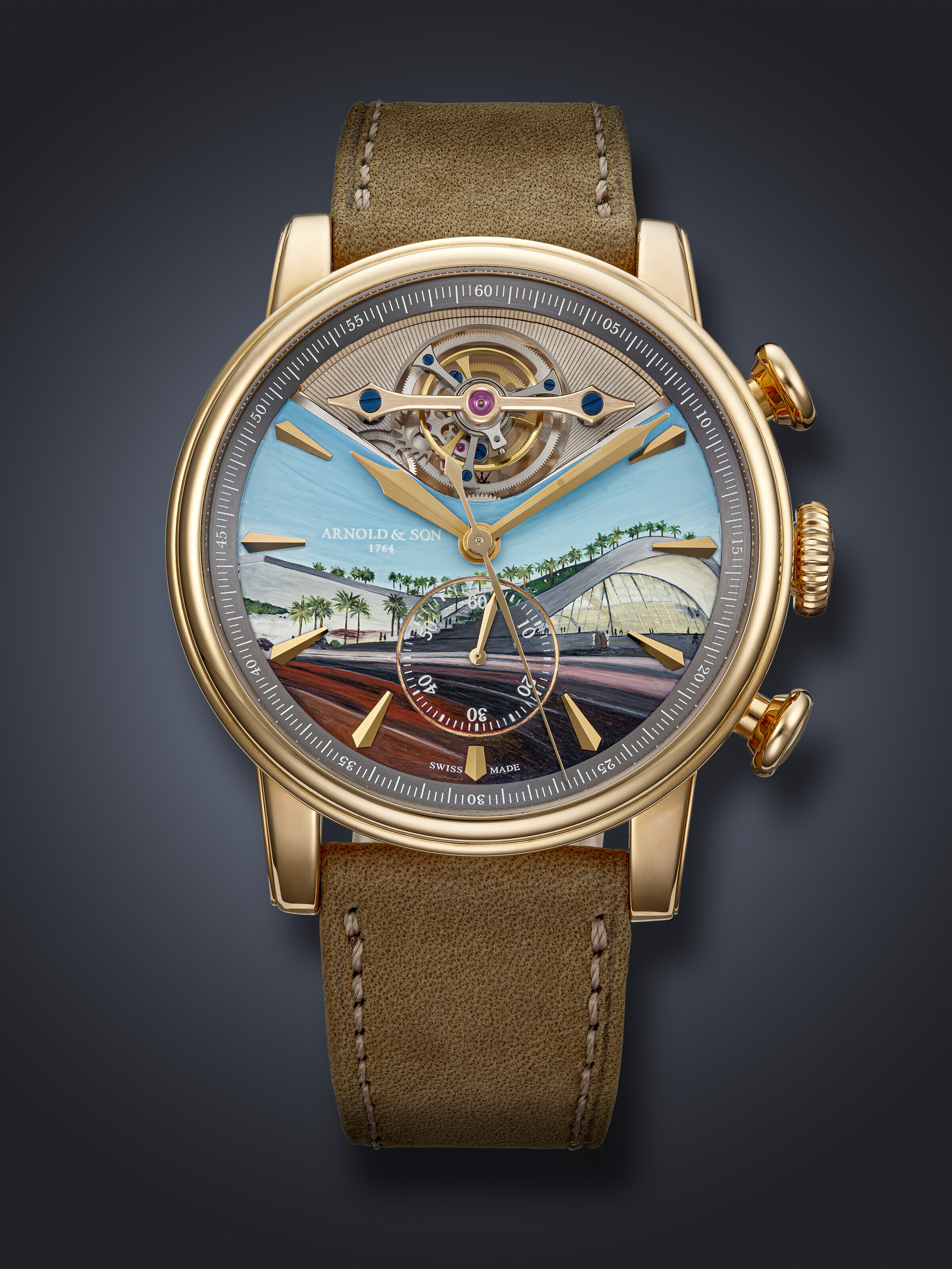 ARNOLD & SON, UNIQUE RED GOLD TOURBILLON CHRONOGRAPH, WITH HAND-PAINTED ...