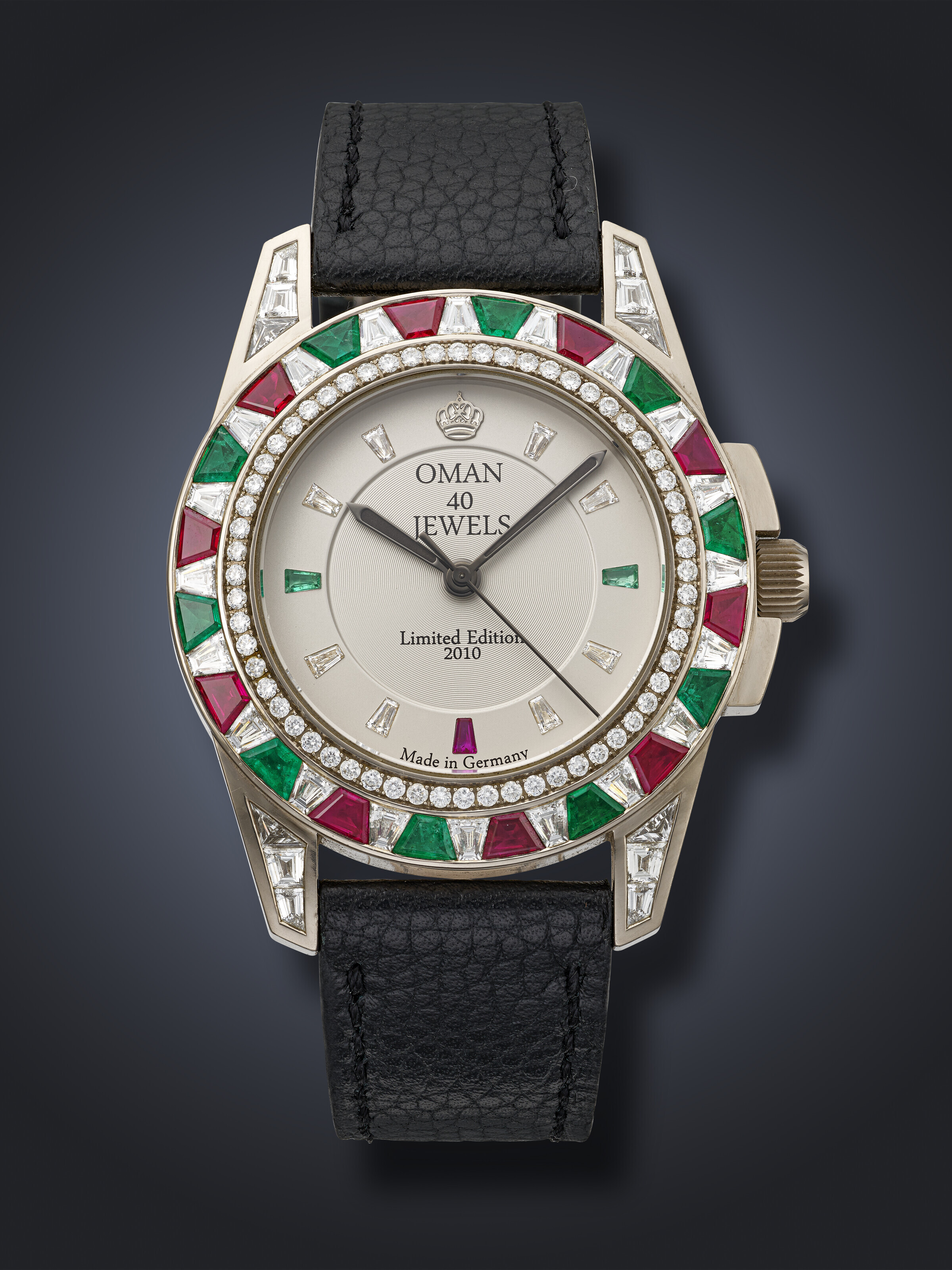 ALFRED DUBOIS, LIMITED EDITION WHITE GOLD, DIAMOND, EMERALD AND RUBY ...