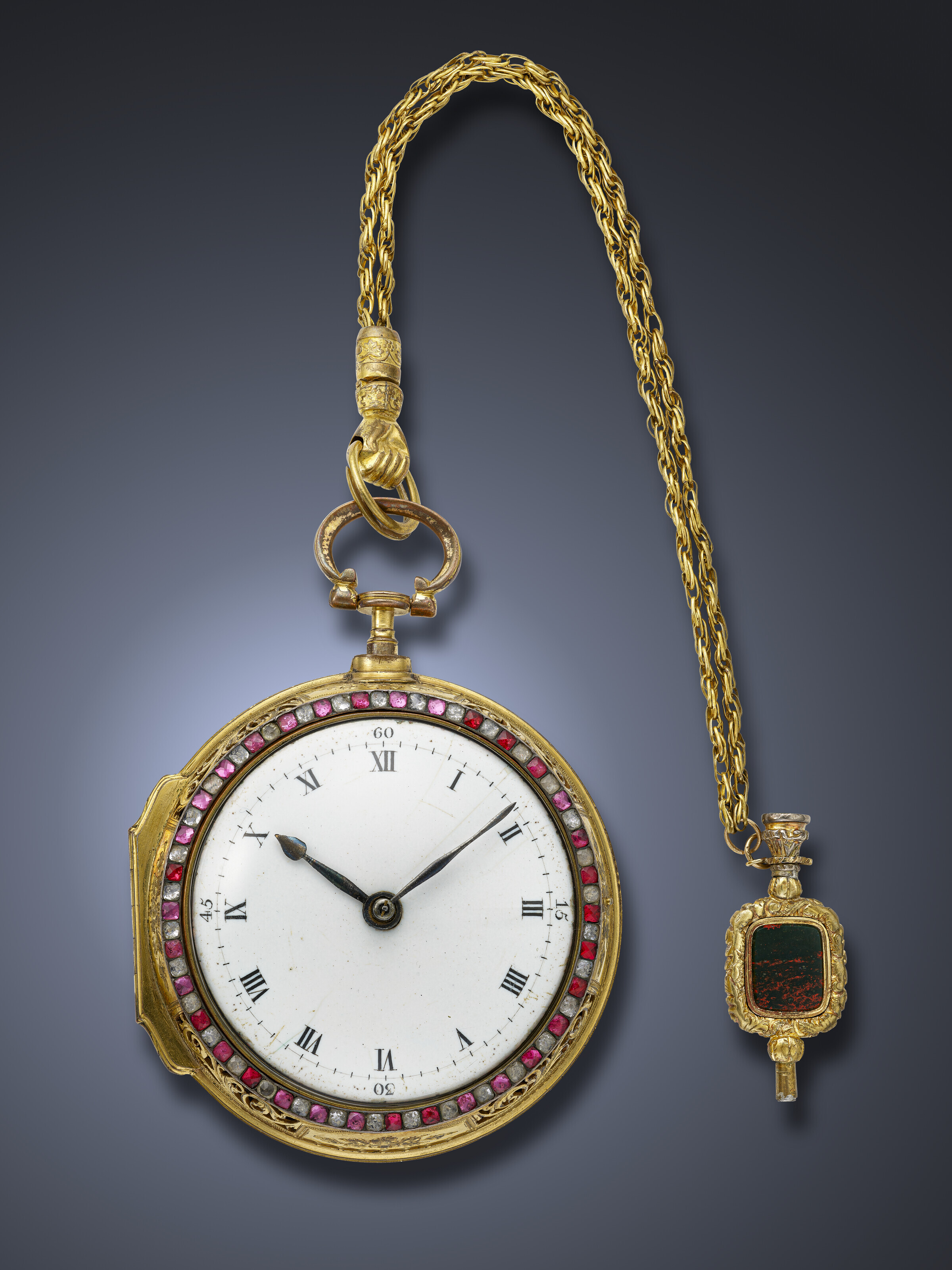 EDWARD TOMLIN, LONDON, RARE GILT METAL, ENAMEL AND PASTE-SET PAIR CASED ...