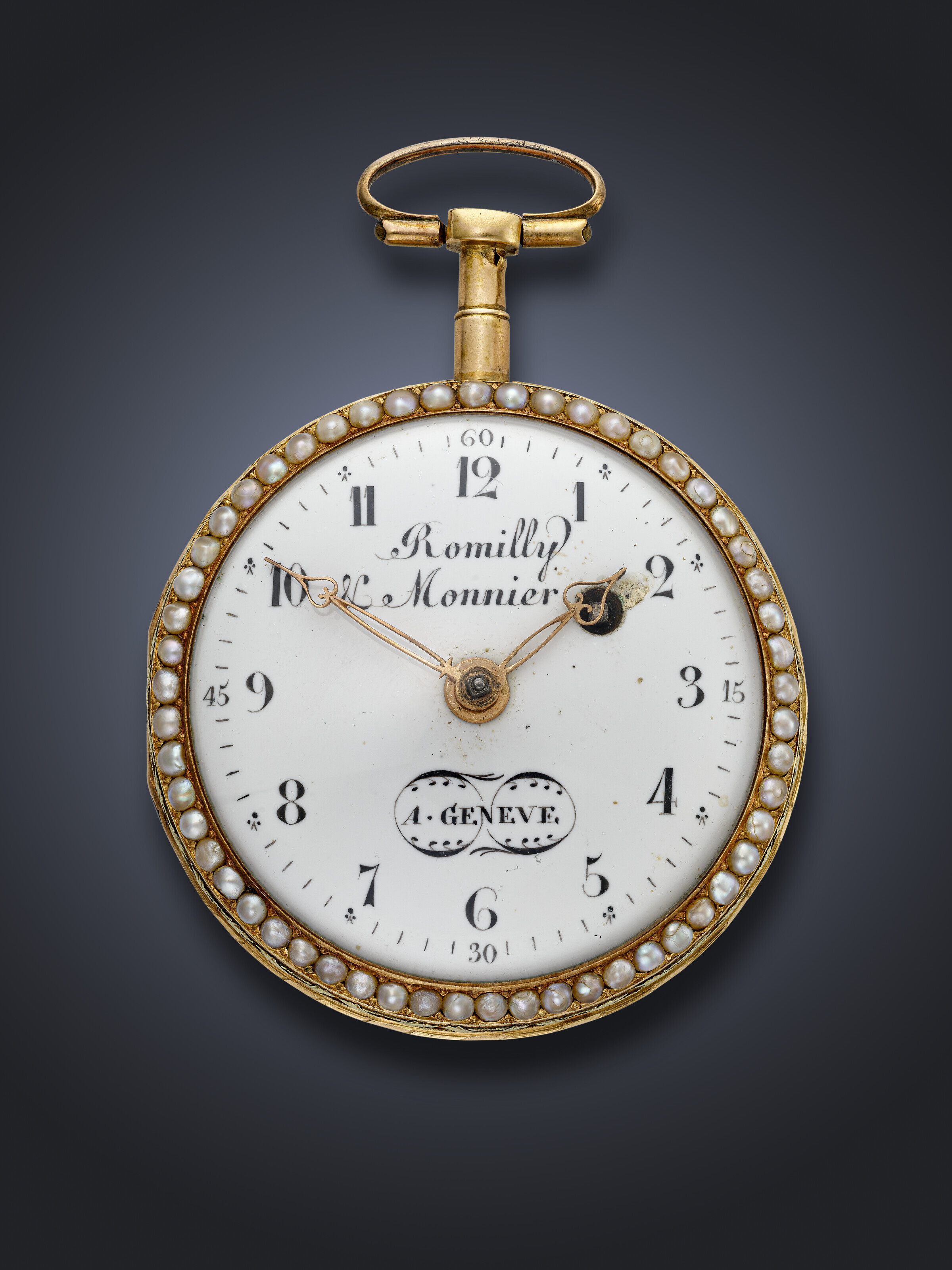 ROMILLY & MONNIER, YELLOW GOLD, PEARLS AND ENAMEL OPENFACE POCKET WATCH ...