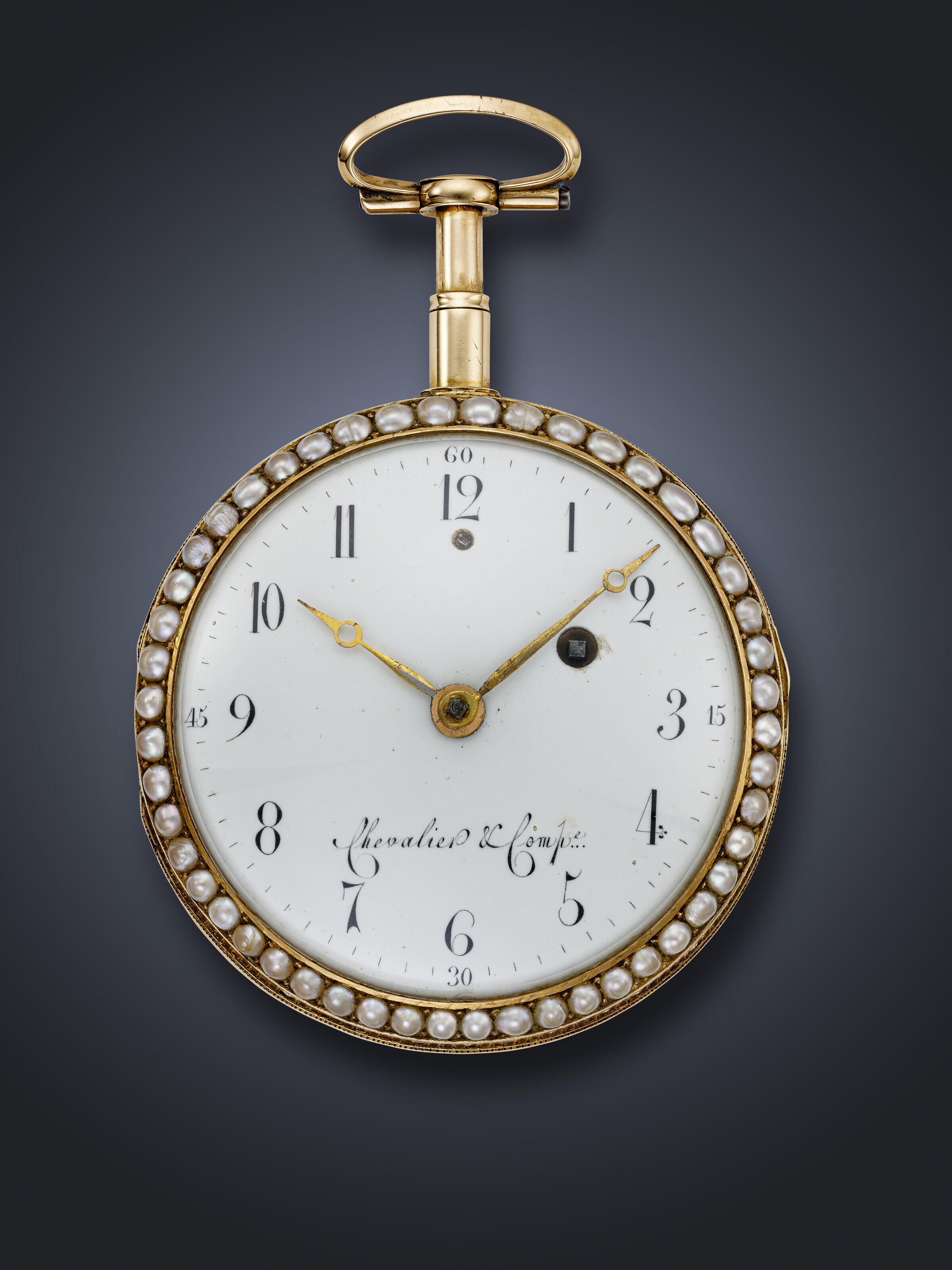 CHEVALIER & CO, YELLOW GOLD, PEARLS AND ENAMEL QUARTER REPEATER VERGE ...