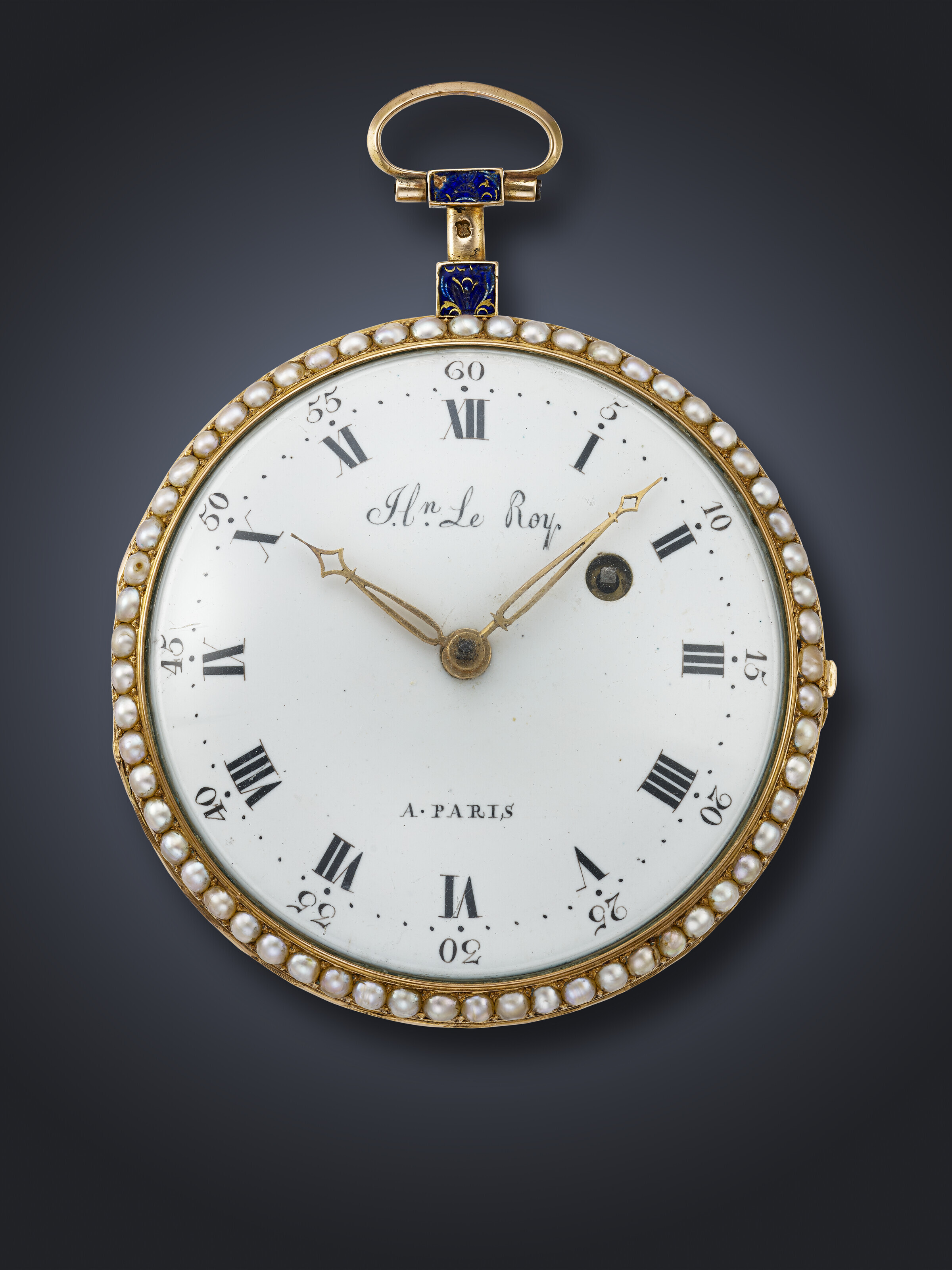 LE ROY, YELLOW GOLD, PEARLS AND ENAMEL VERGE OPENFACE POCKET WATCH ...