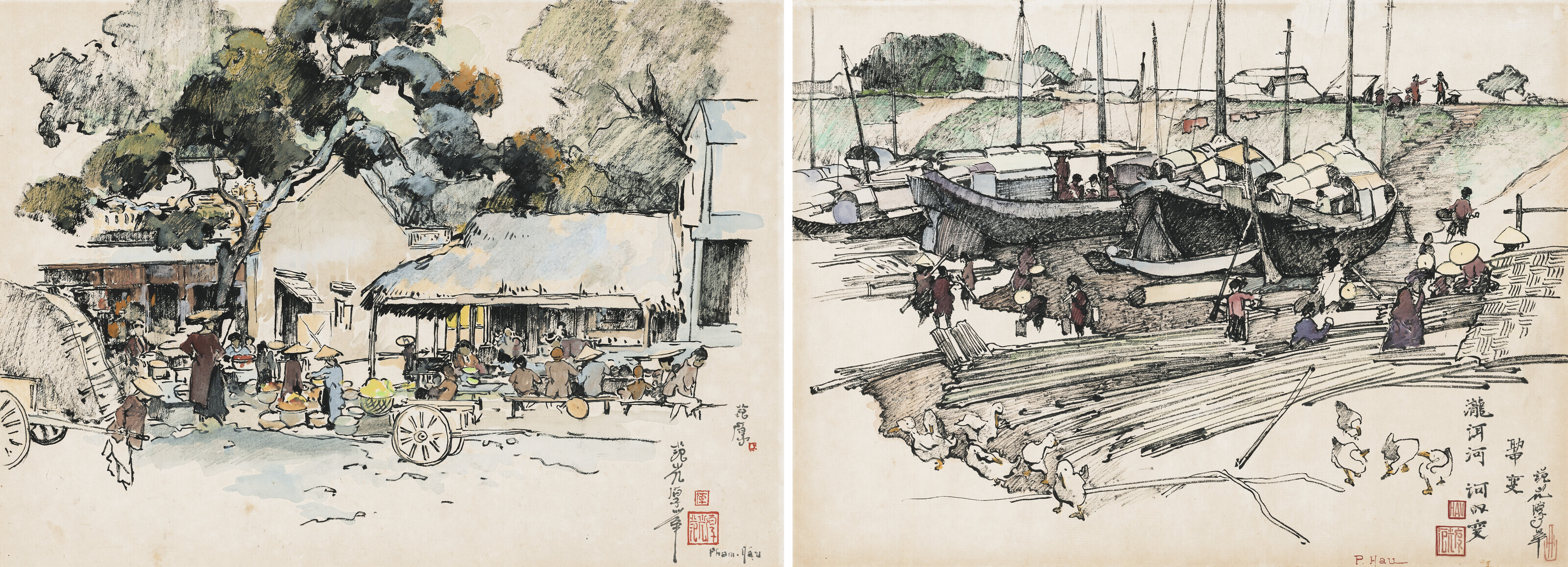 PHAM HAU (1903-1995), (i)Vietnamese Market Scene; & (ii) Fishing ...