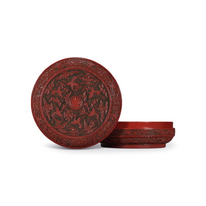 A CARVED POLYCHROME LACQUER 'LONGEVITY' BOX AND COVER