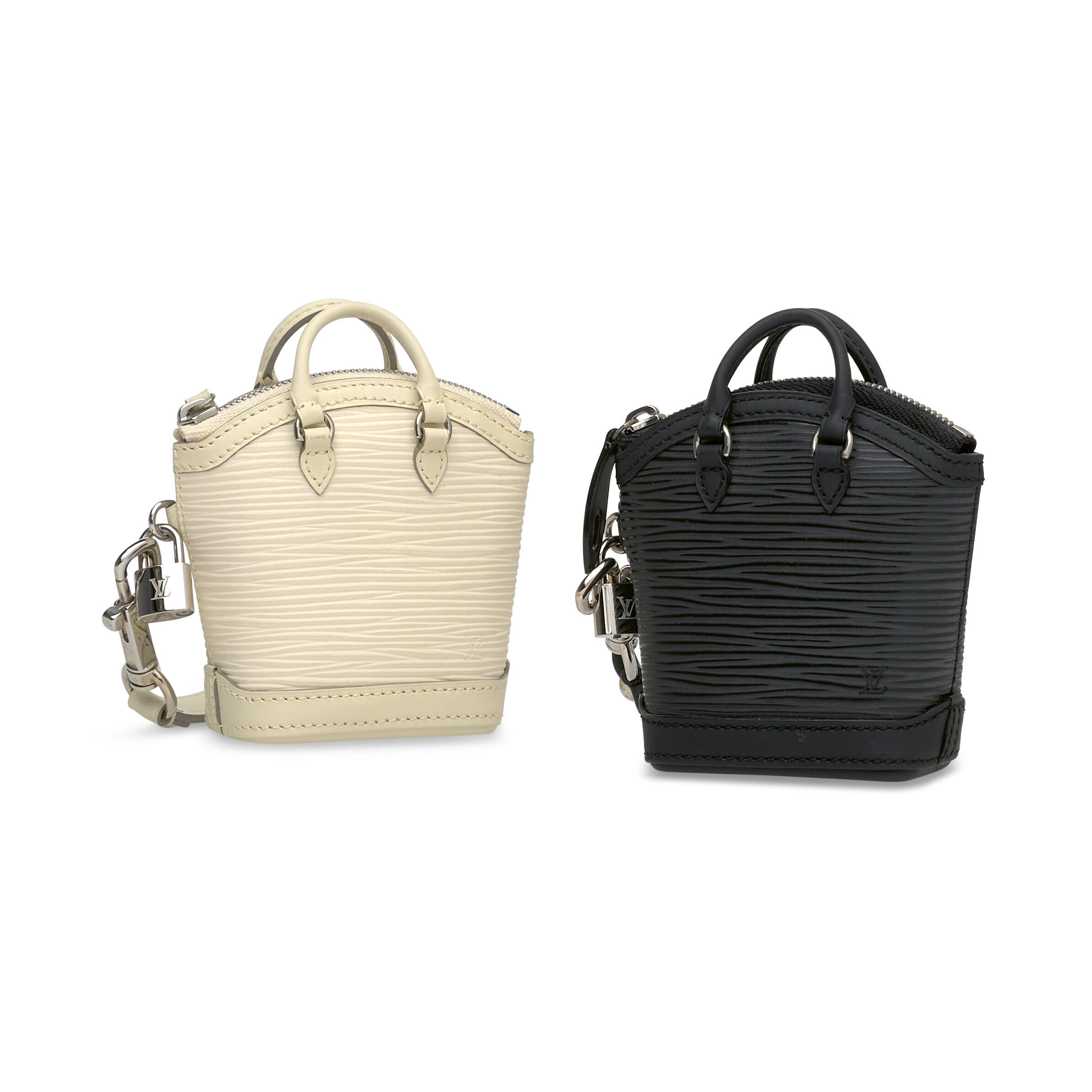 A SET OF TWO: AN IVORY EPI LEATHER MINI LOCKIT CHARM WITH SILVER ...