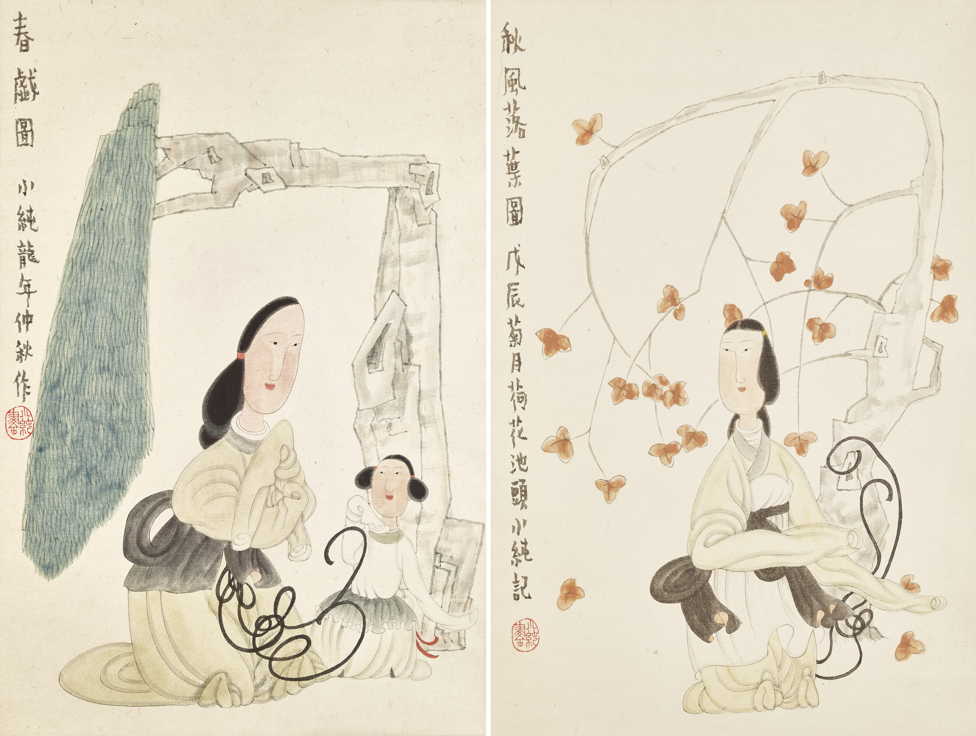 QIAN XIAOCHUN (B. 1947), Spring Play / Autumn Wind Sweeps away Fallen ...