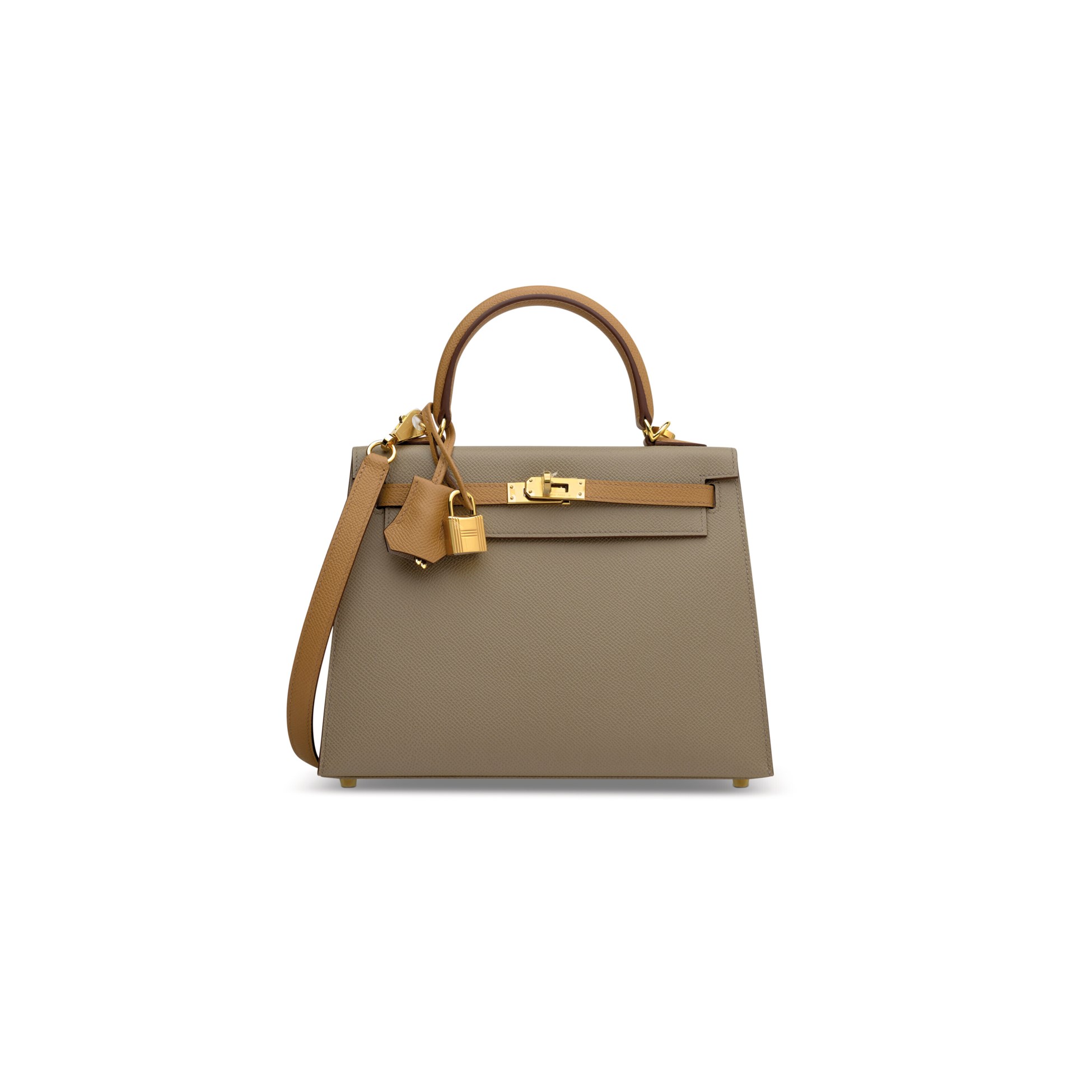 A CUSTOM GRIS ASPHALTE & BISCUIT EPSOM LEATHER KELLY 25 WITH GOLD ...