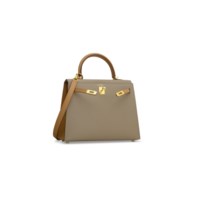 A CUSTOM GRIS ASPHALTE & BISCUIT EPSOM LEATHER KELLY 25 WITH GOLD ...